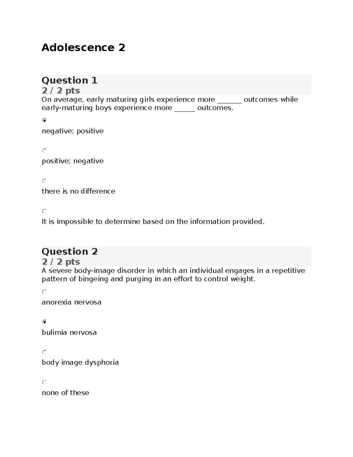Adolescence 2 - Practice exams materials - Adolescence 2 Question 1 2 / ...