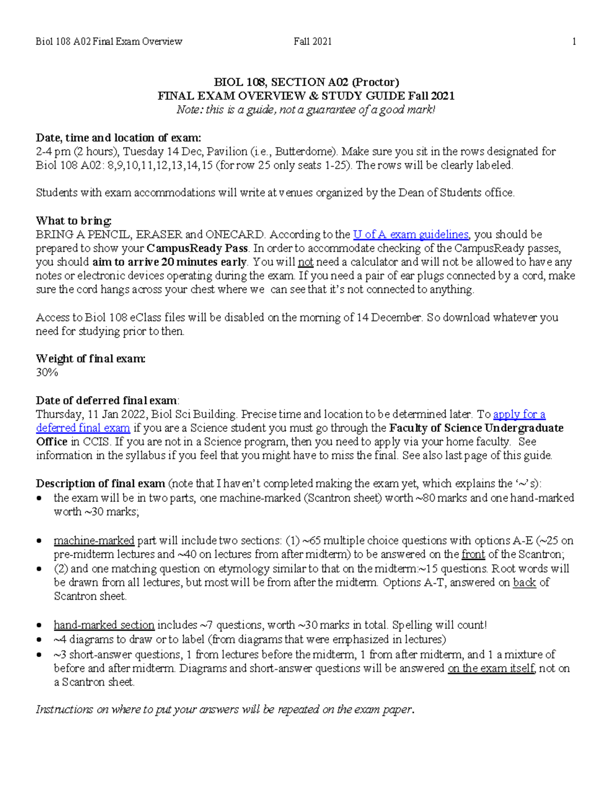 Final exam overview and study guide Biol 108 A02 Proctor Fall 2021 FOR ...