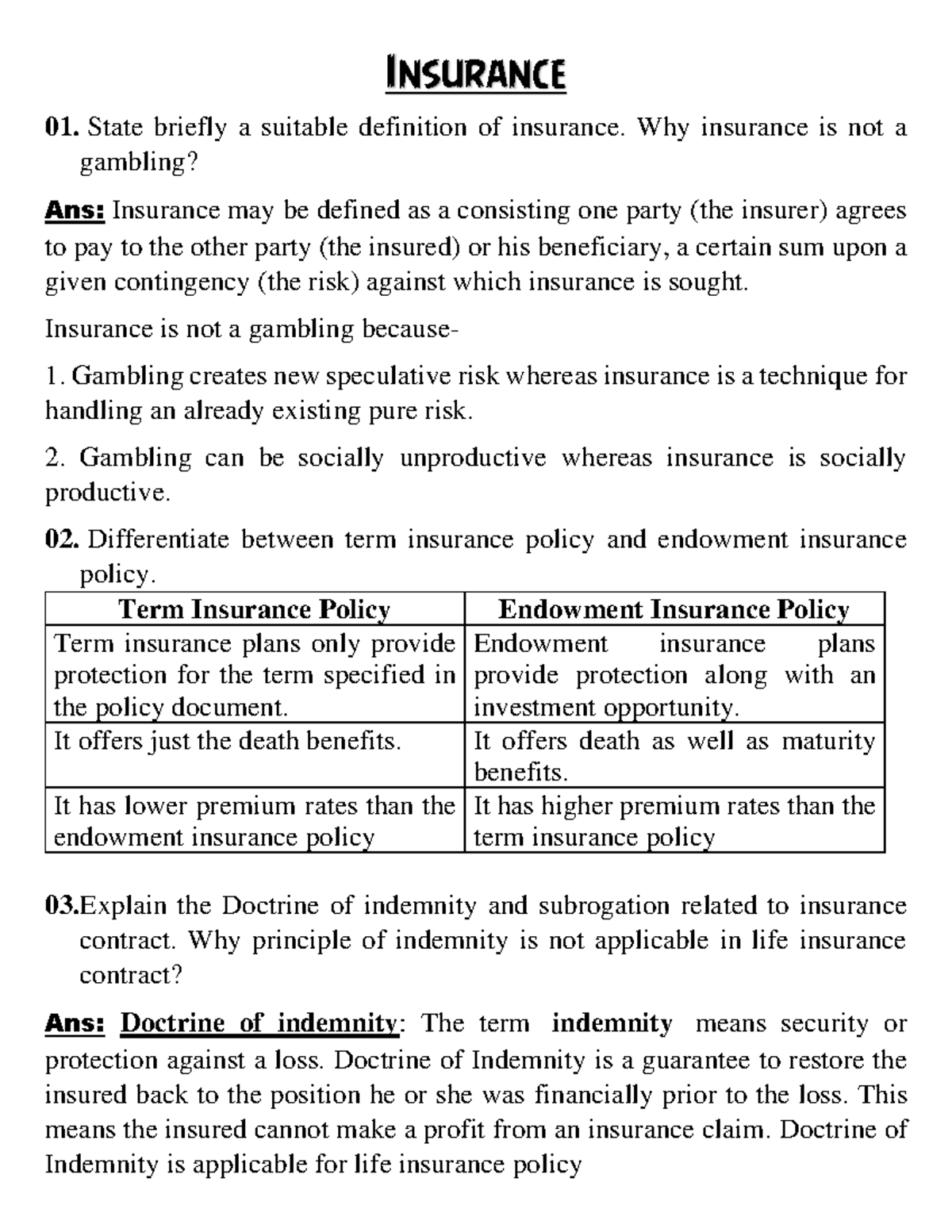 Insurance - Important - Insurance State briefly a suitable definition ...