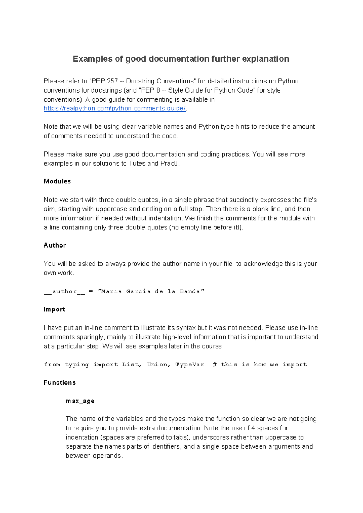 Examples of good documentation further explanation - FIT1008 - Monash ...