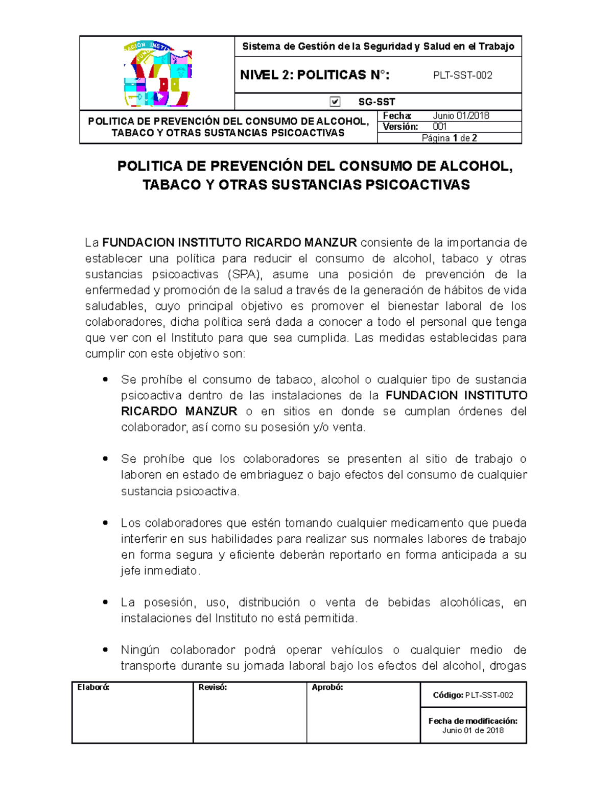 PLT-SST-002 Política de Prevención del Consumo de Alcohol, Tabaco y otras Sustancias ...