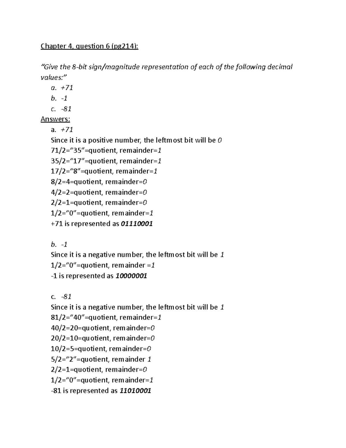 Comp 200 - Assignment 2 - Chapter 4, question 6 (pg214): “Give the 8-bit sign/magnitude - Studocu