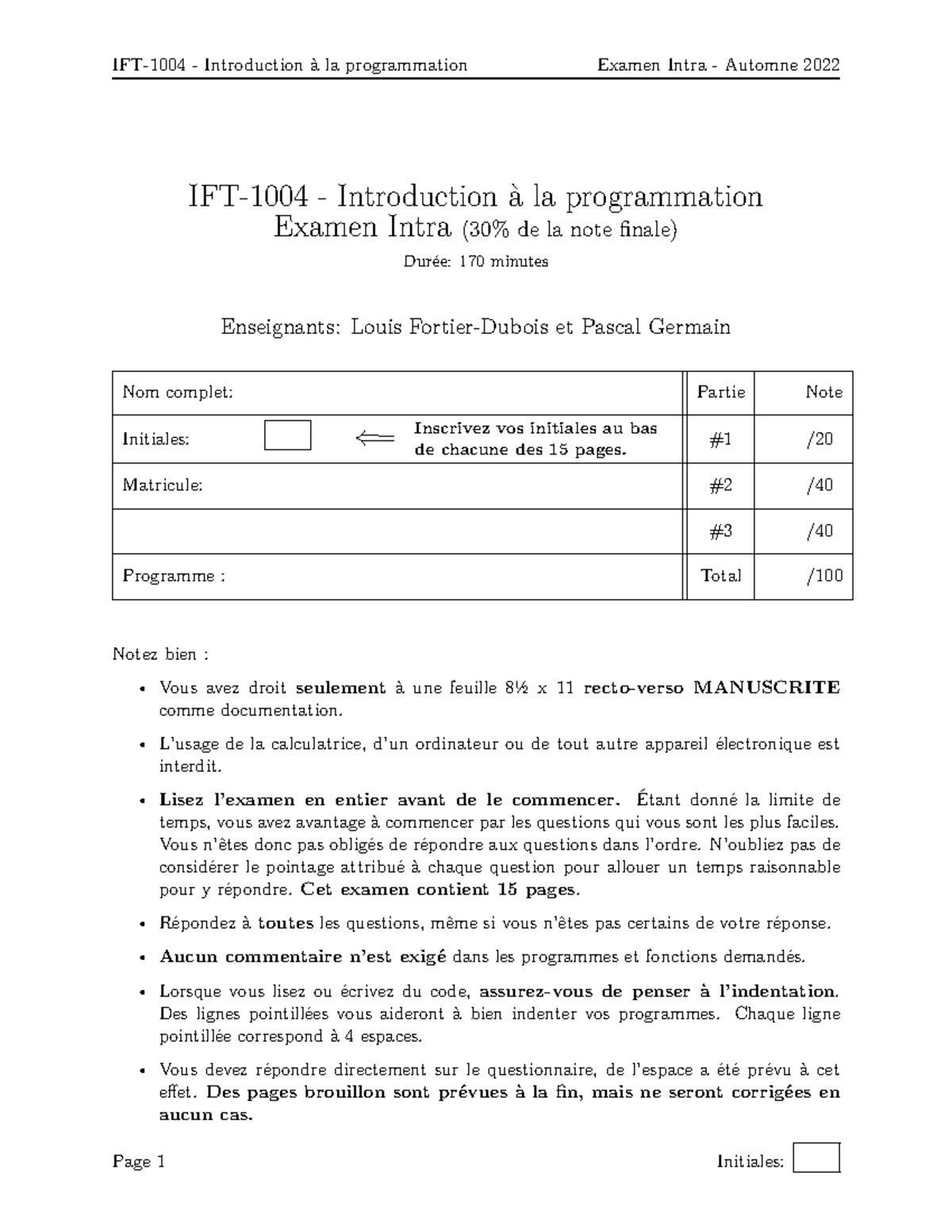 IFT-1004 A2022-Intra - IFT-1004 - Introduction à la programmation Examen Intra (30% de la note ...