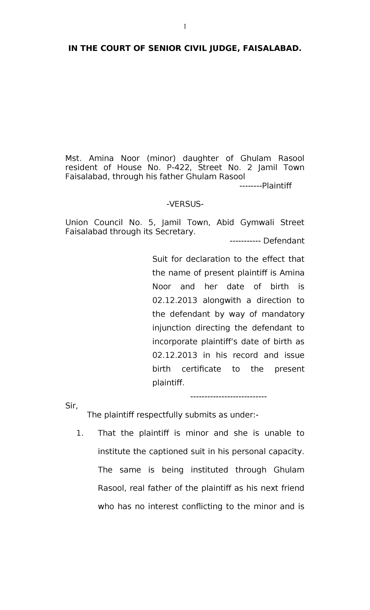 Suit For Declaration Formate In The Court Of Senior Civil Judge