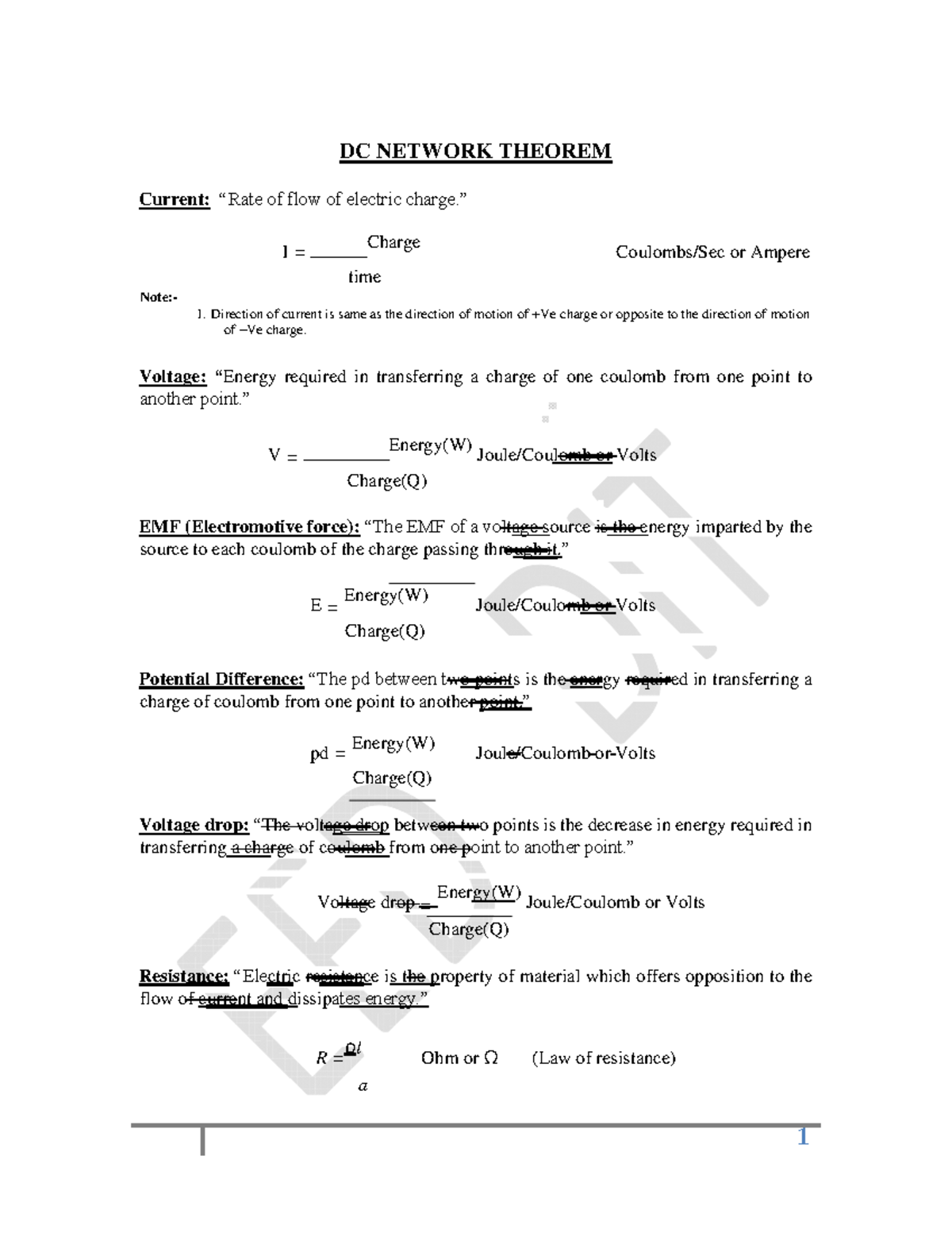 Dc network theorems 1 - DC NETWORK THEOREM Current: “Rate of flow of electric charge.” I ...