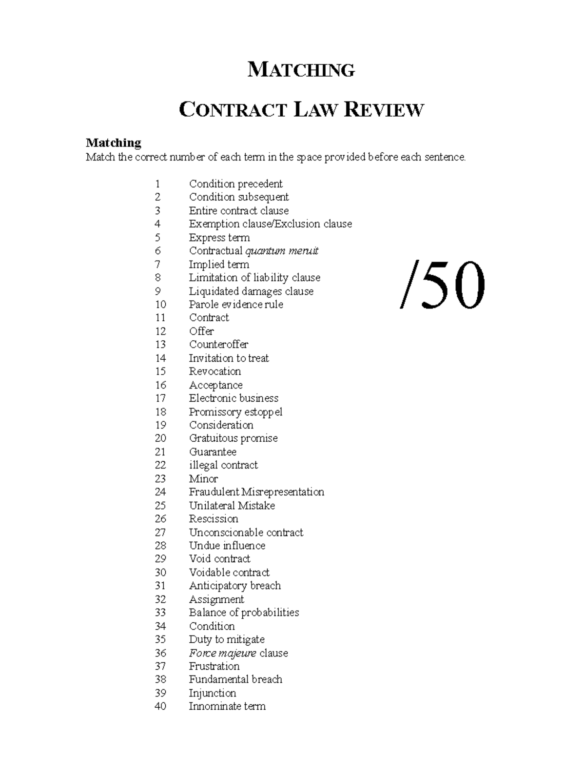 Contract Law Chapters - Matching Exercise - MATCHING CONTRACT LAW ...