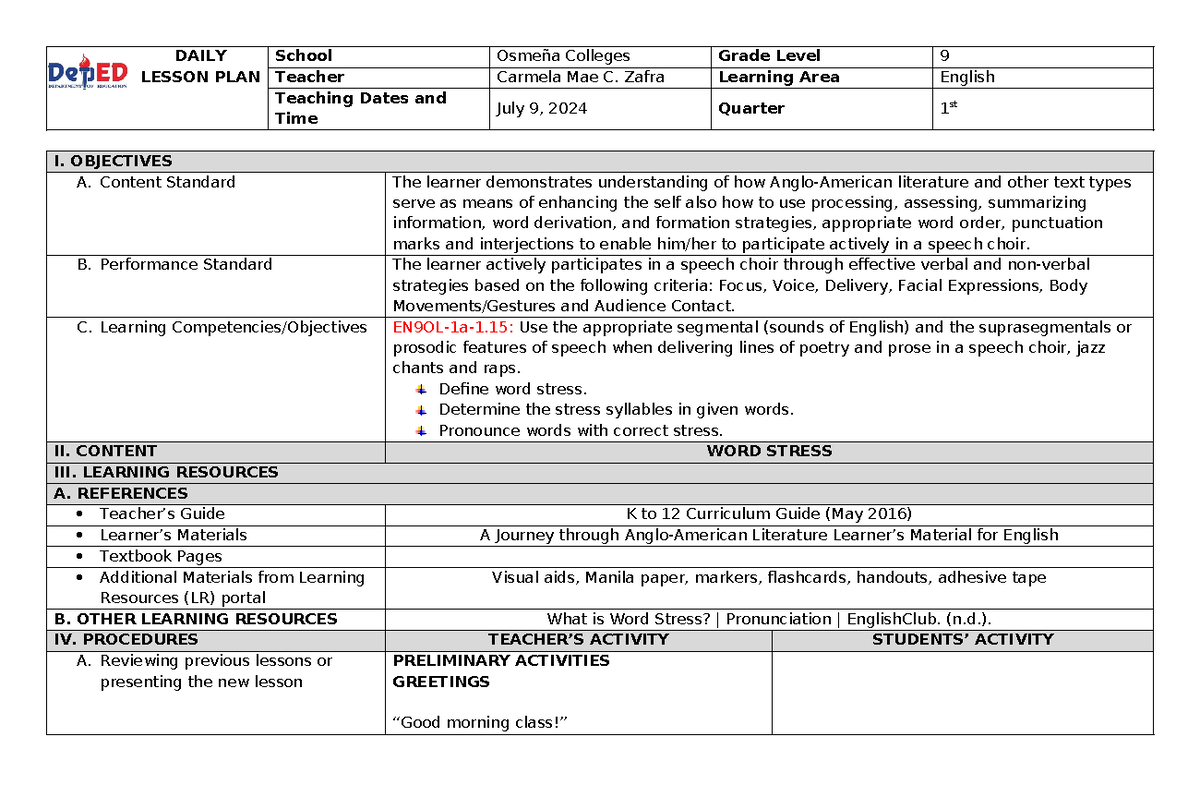 Grade 9 English DLP - a detailed lesson plan in Word stress - DAILY ...