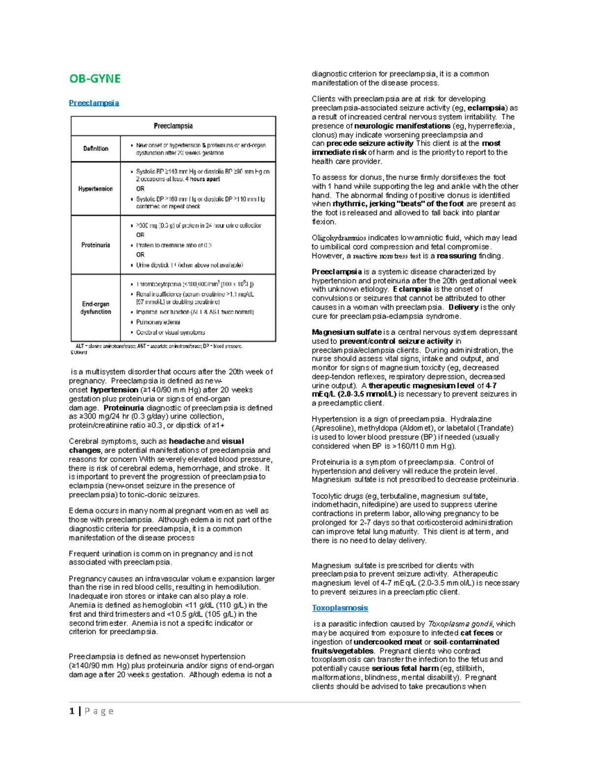 OB - Study guide - OB-GYNE Preeclampsia is a multisystem disorder that ...