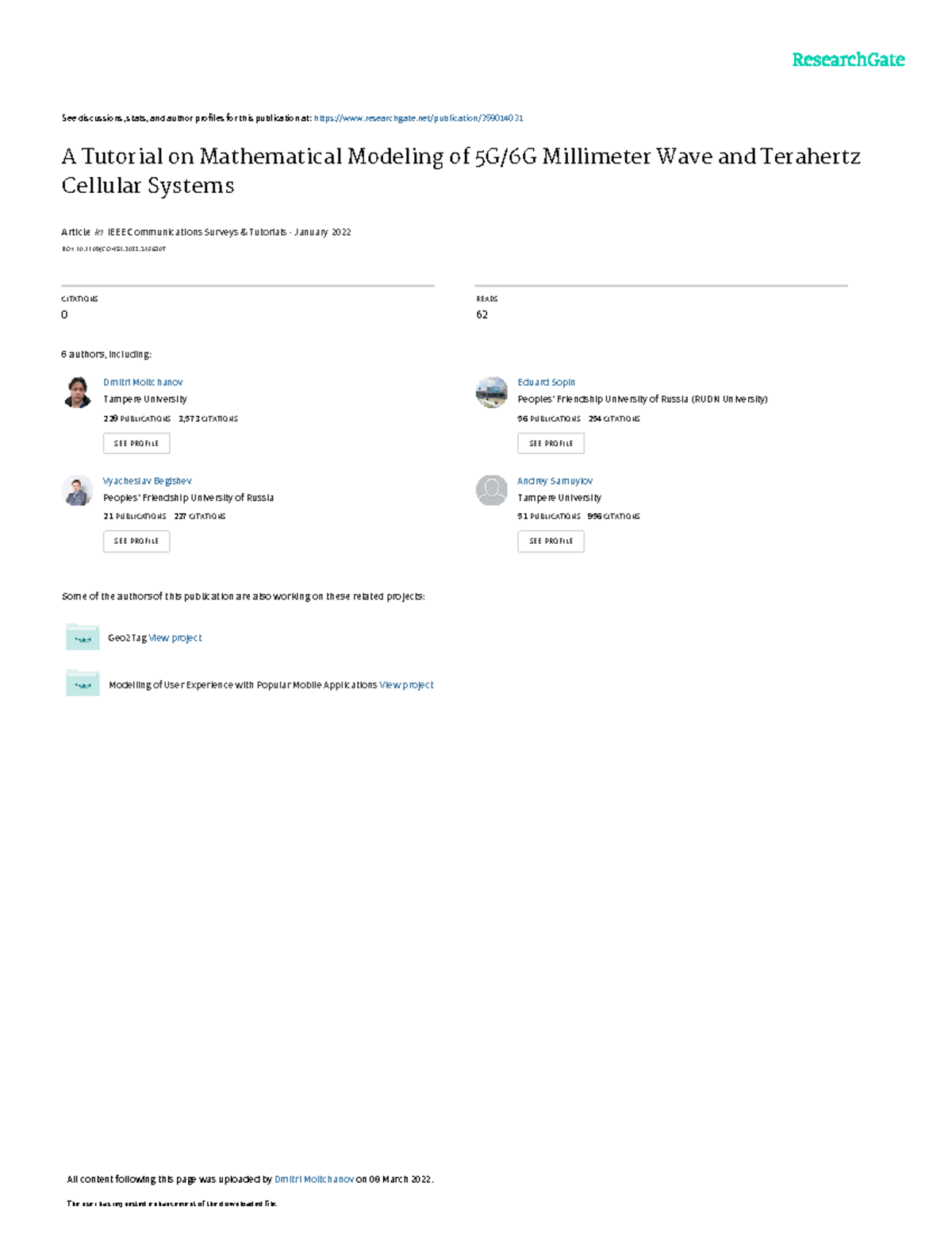 Communication 5g 6g Mathematical Modelling See Discussions Stats