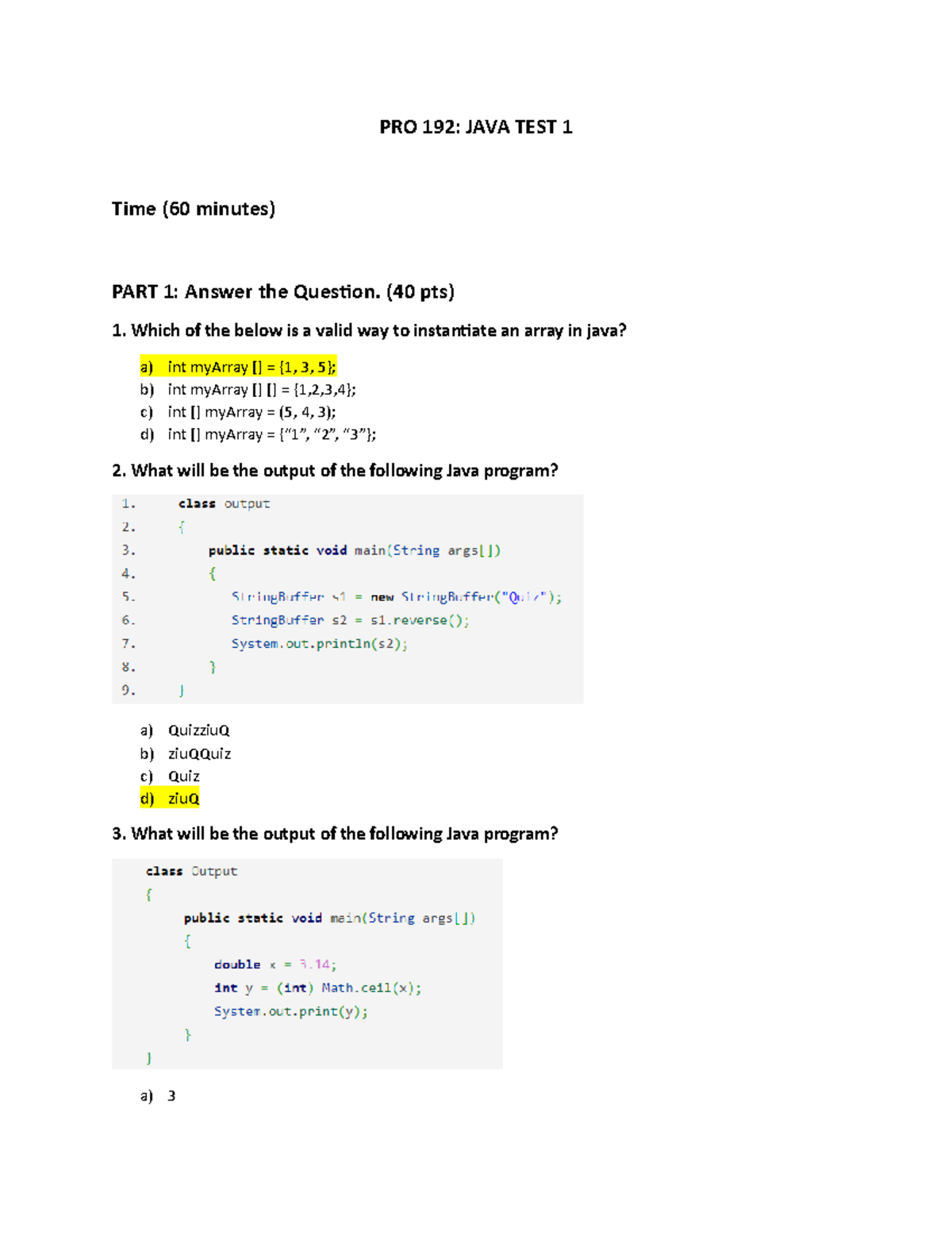 HE176679 TEST1 - Lol - PRO 192: JAVA TEST 1 Time (60 minutes) PART 1 ...