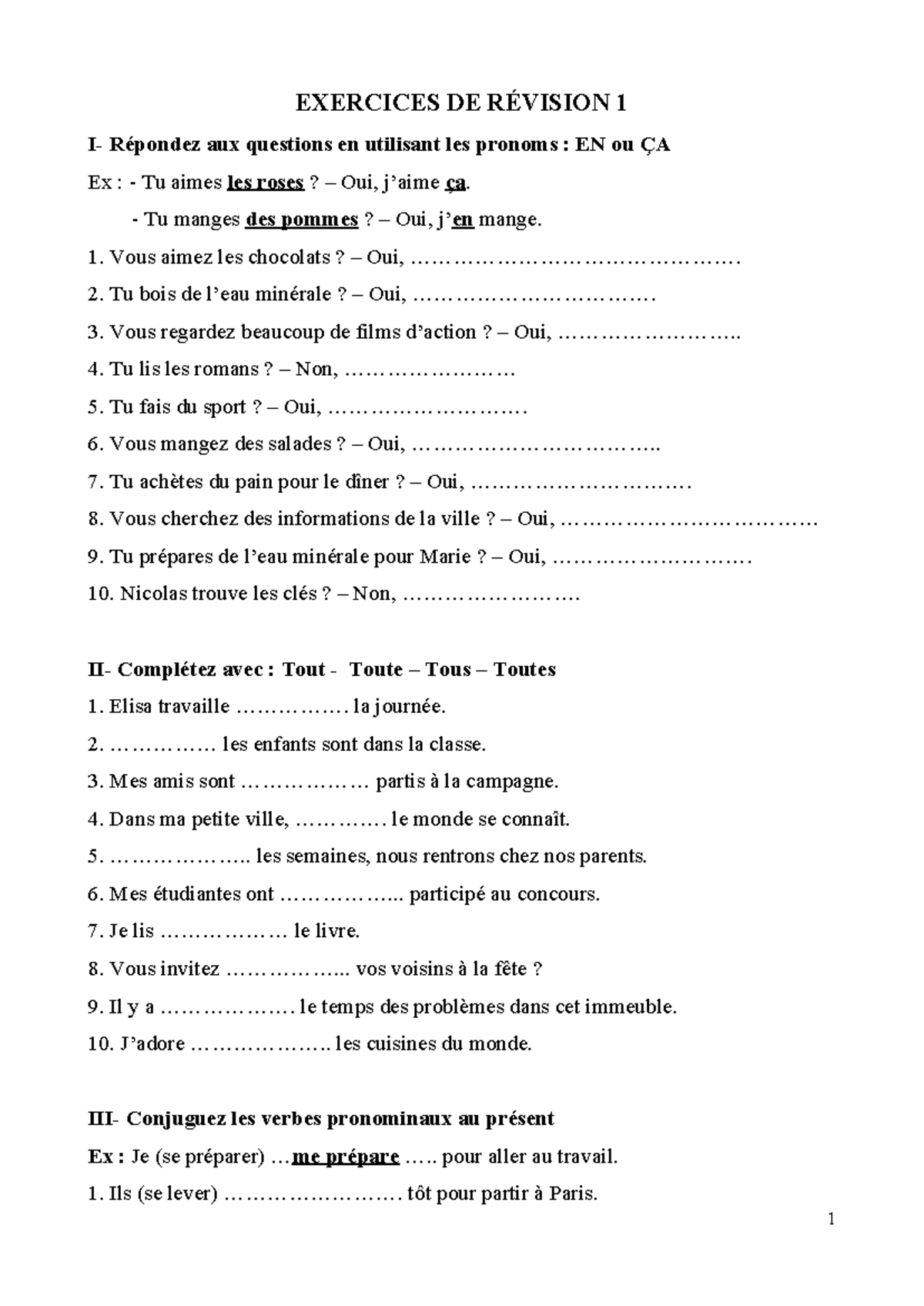 Exercices de révision 1 - EXERCICES DE RÉVISION 1 I- Répondez aux ...
