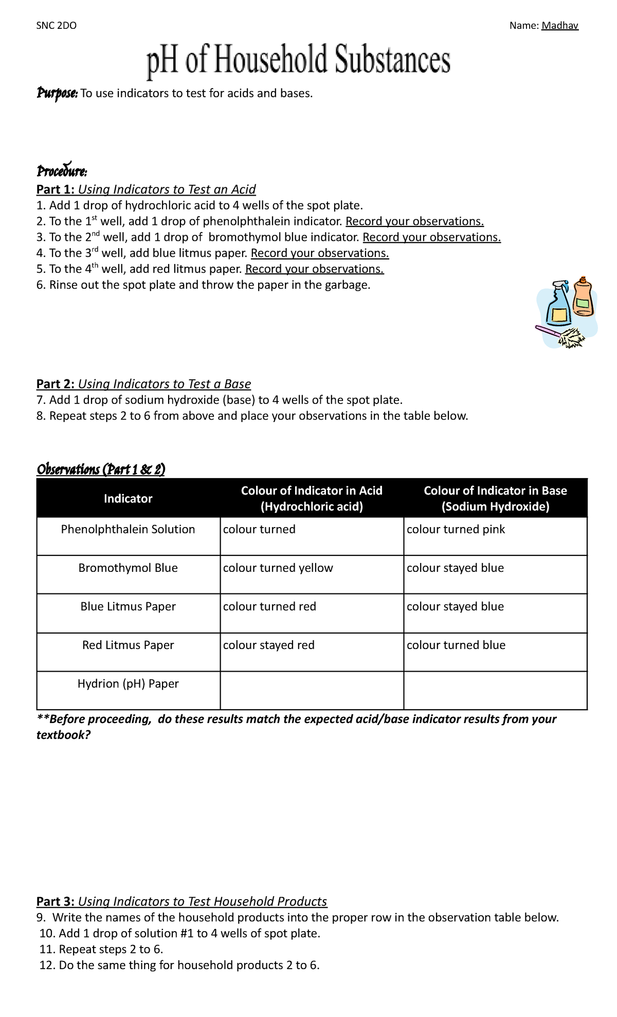Copy of p H of household Substances - SNC 2DO Name: Madhav Purpose:To ...