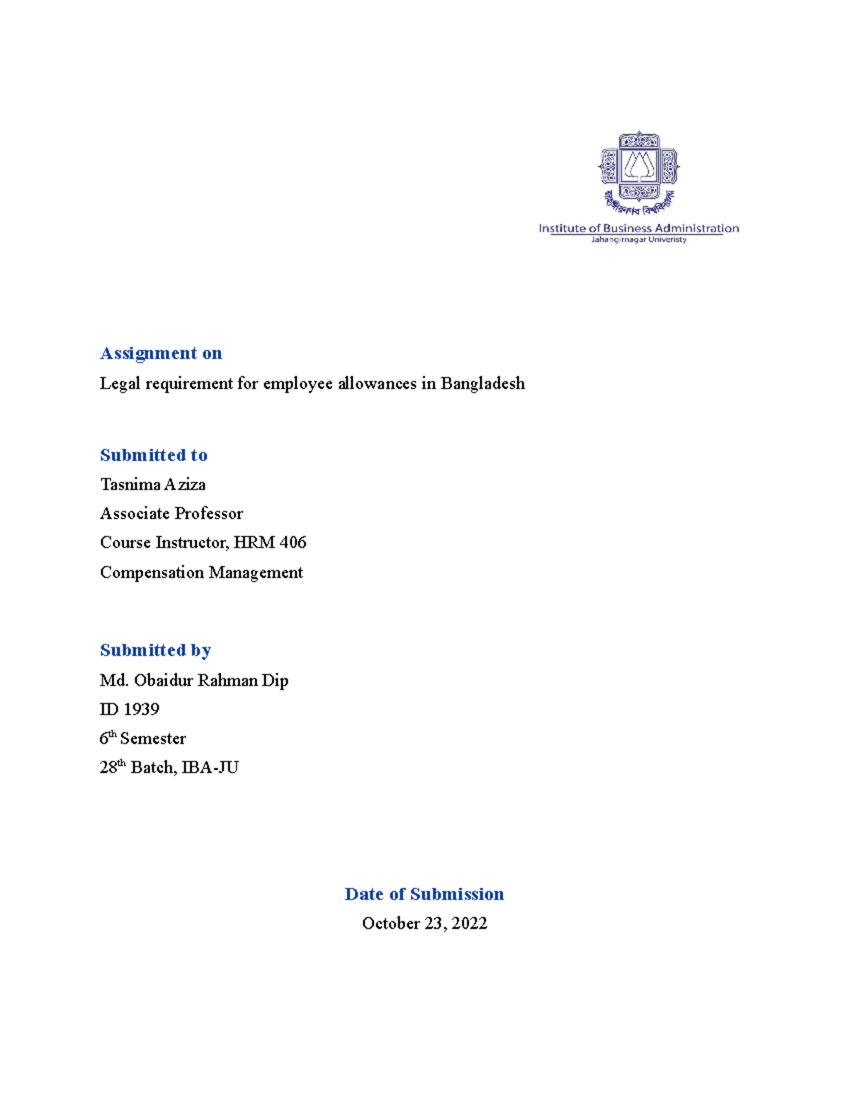 CM Assignment 1 1939 - Course work - Assignment on Legal requirement for employee allowances in ...