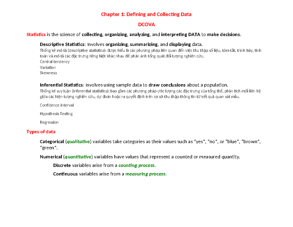 Ch1+Ch2 Summary - .... - Chapter 1: Defining and Collecting Data DCOVA Statistics is the science ...