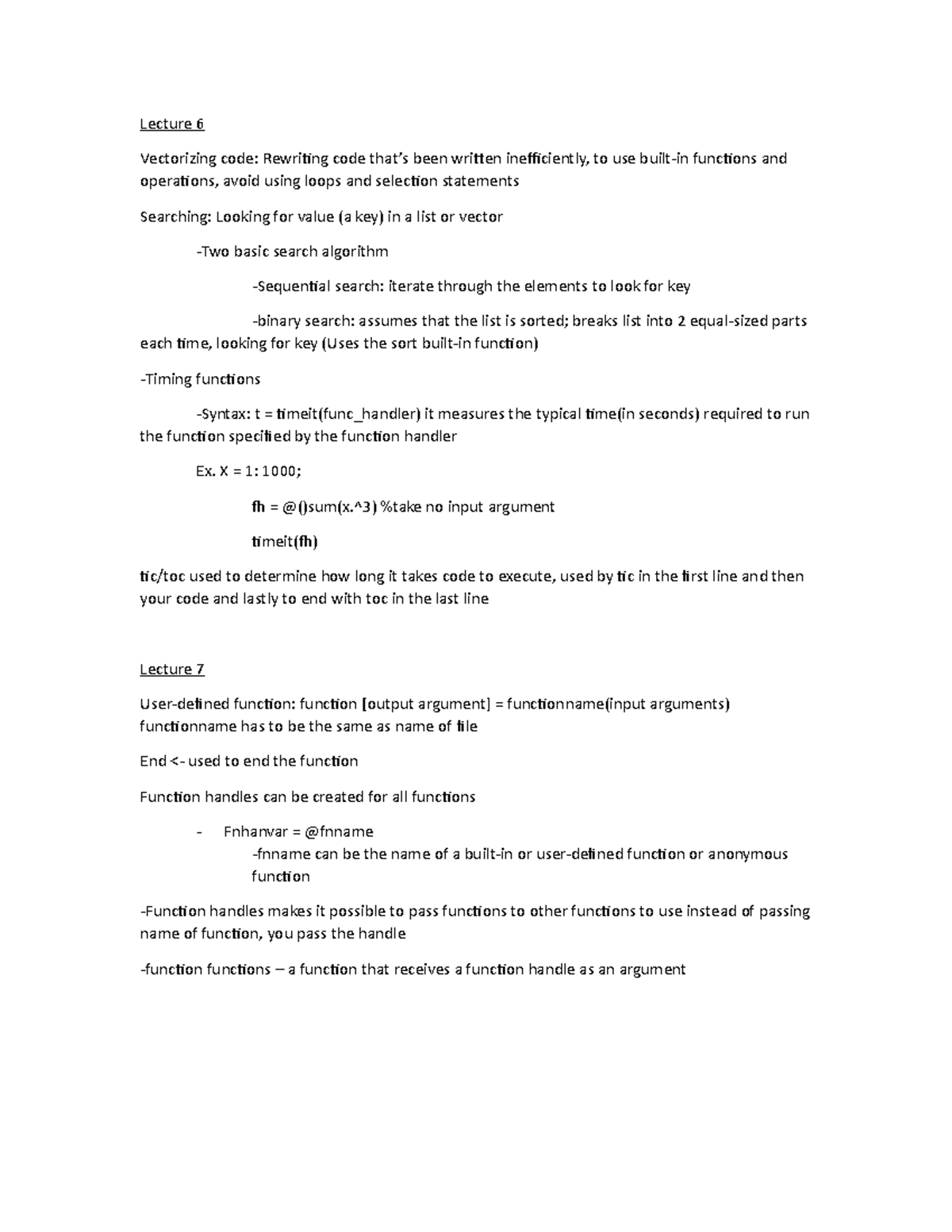 Matlab review notes - Lecture 6 Vectorizing code: Rewriting code that’s ...