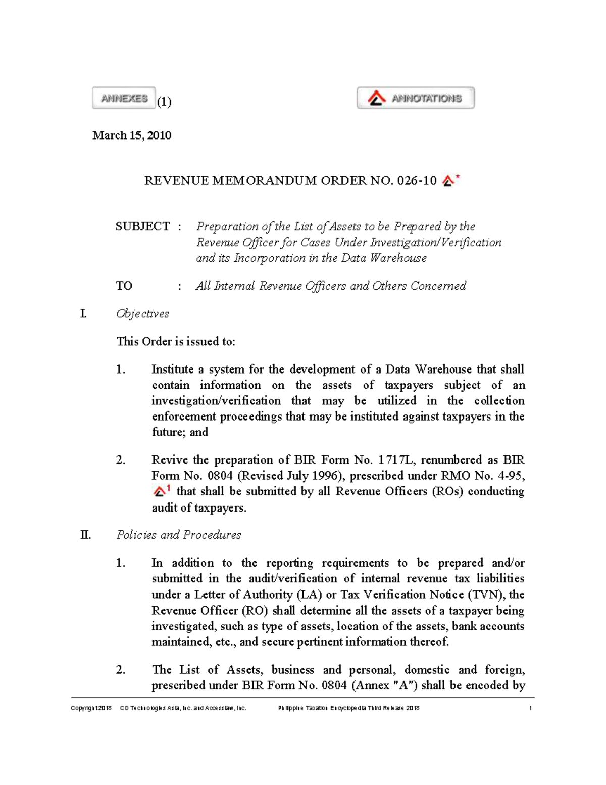 406091053 List of Assets RMO 26 2010 - (1) March 15, 2010 REVENUE ...