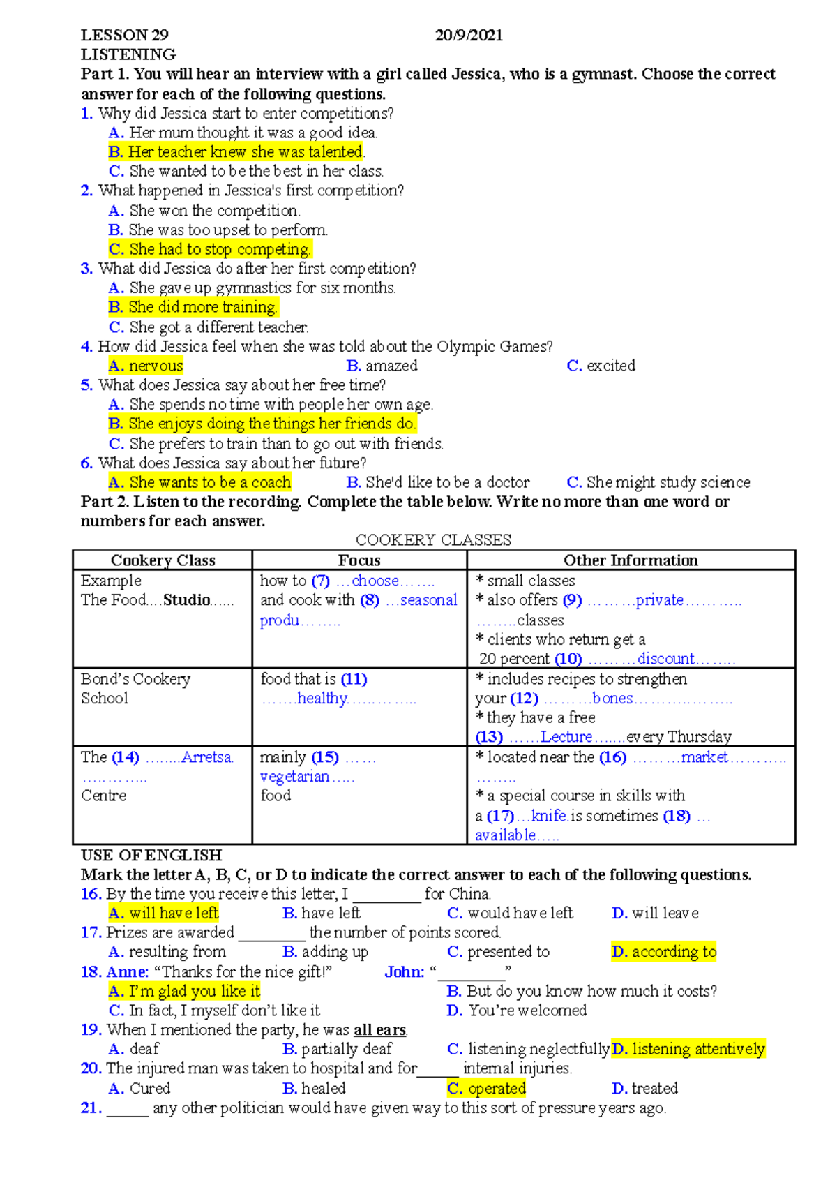 Lesson 29 gvck cg jfmjy - LESSON 29 20/9/ LISTENING Part 1. You will ...