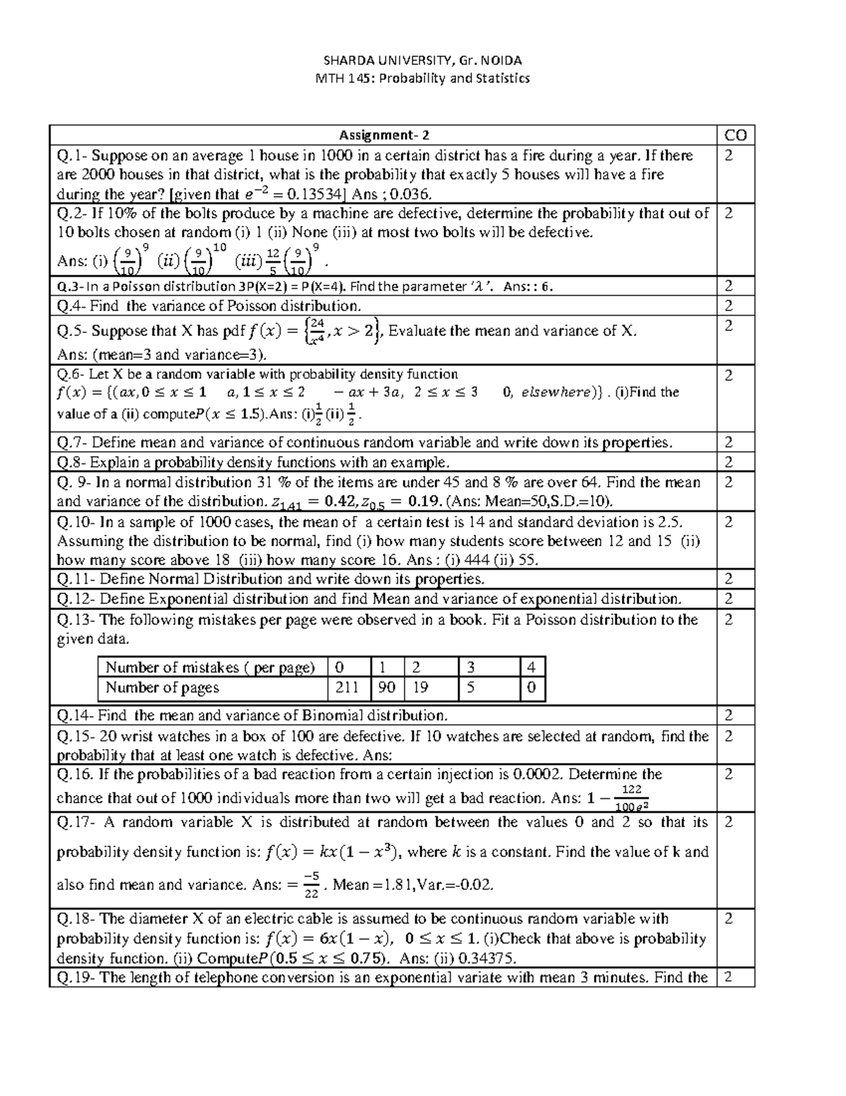 MTH 145 Assignment-2 2302 - SHARDA UNIVERSITY, Gr. NOIDA MTH 145: Probability and Statistics ...