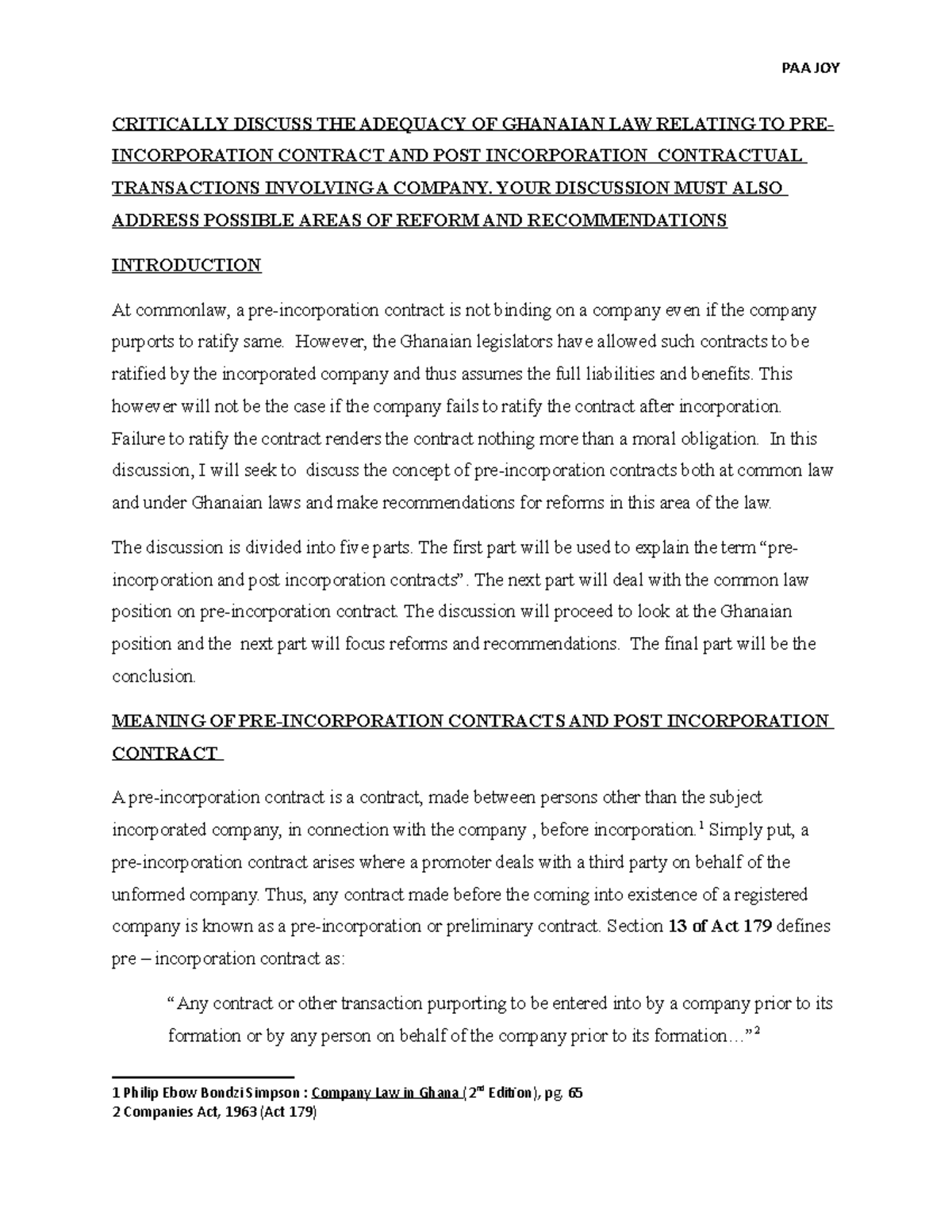 Pre Incorporation contract - CRITICALLY DISCUSS THE ADEQUACY OF ...