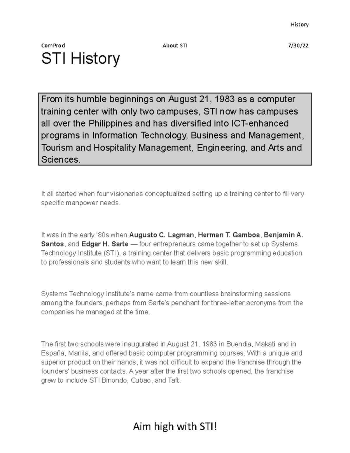 COMP Tools 1LE - MICROSOFT SIMPLE TASK - History ComProdAbout STI7/30 ...