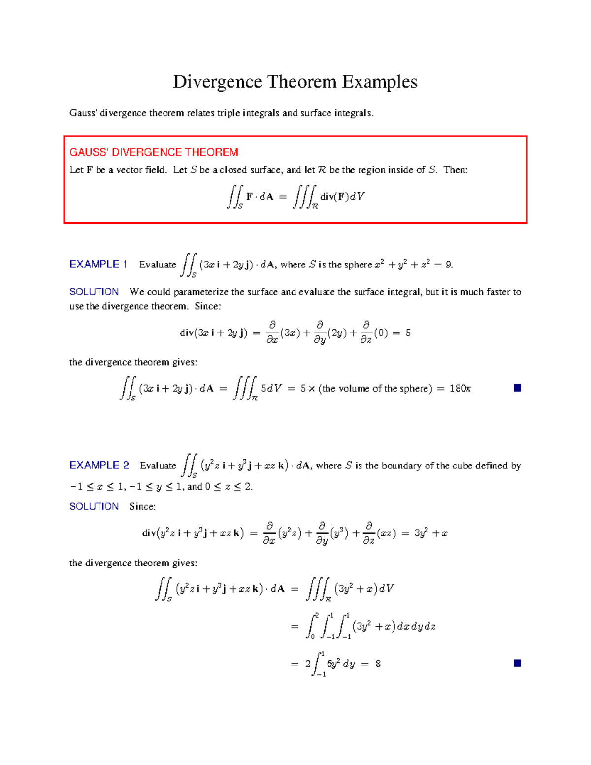 Gauss Examples - Divergence Theorem Examples Gauss' divergence theorem ...