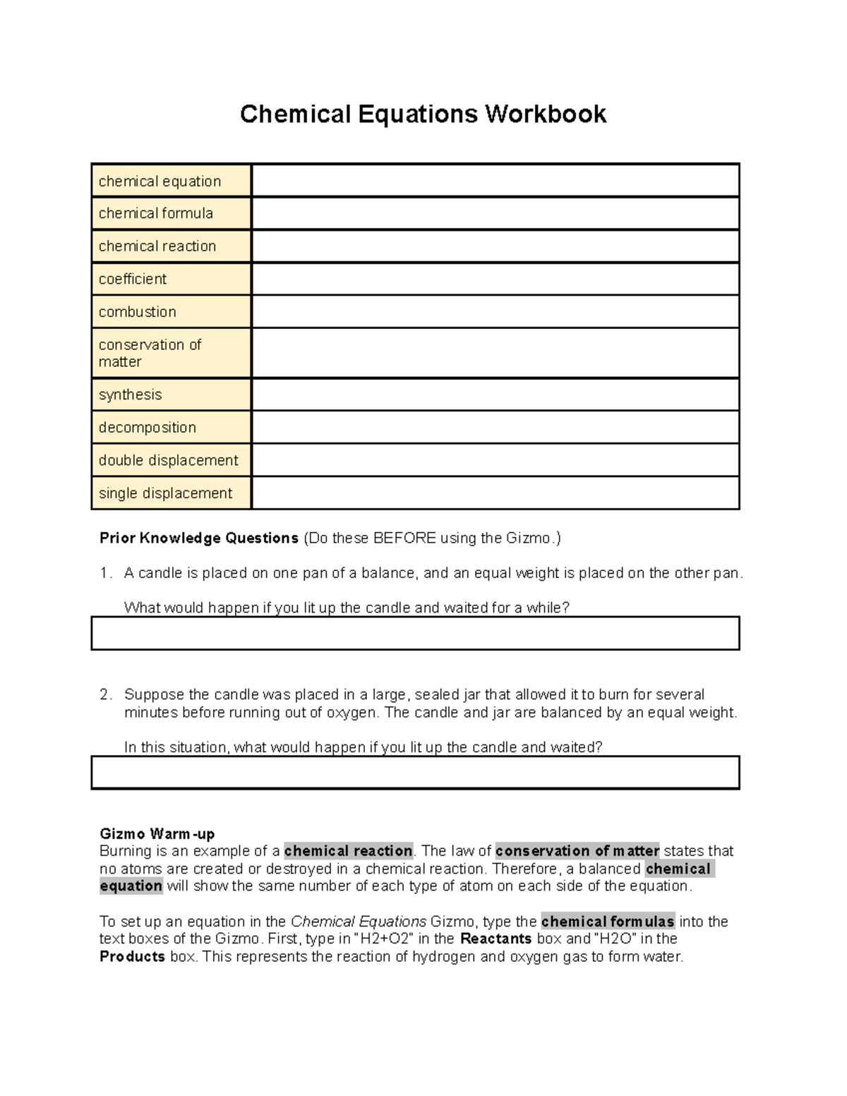 Chemical Equations Workbook - Chemical Equations Workbook chemical ...
