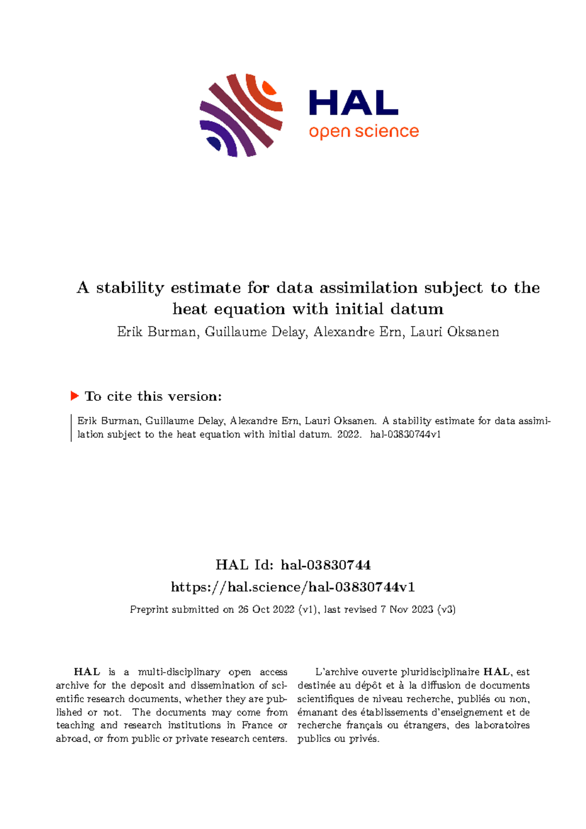 Carleman 2 - Lecture to read - HAL Id: hal- hal/hal-03830744v Preprint submitted on 26 Oct 2022 ...