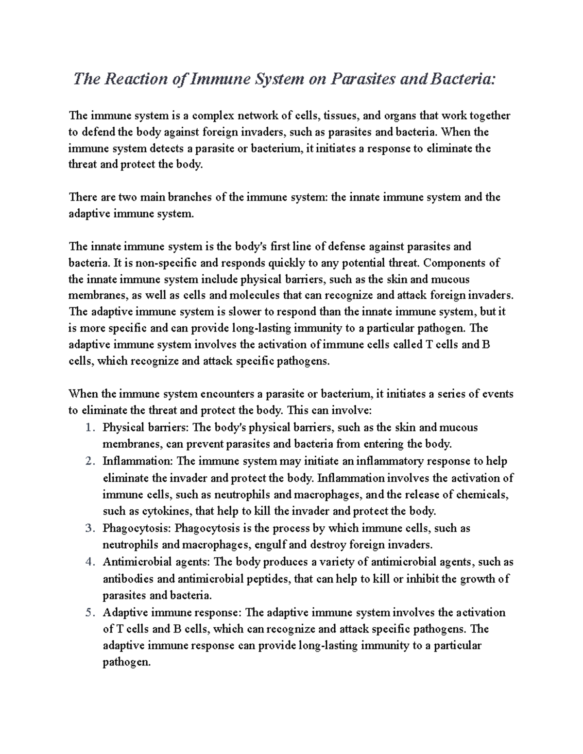 Notes on The Reaction of Immune System on Parasites and Bacteria - The ...