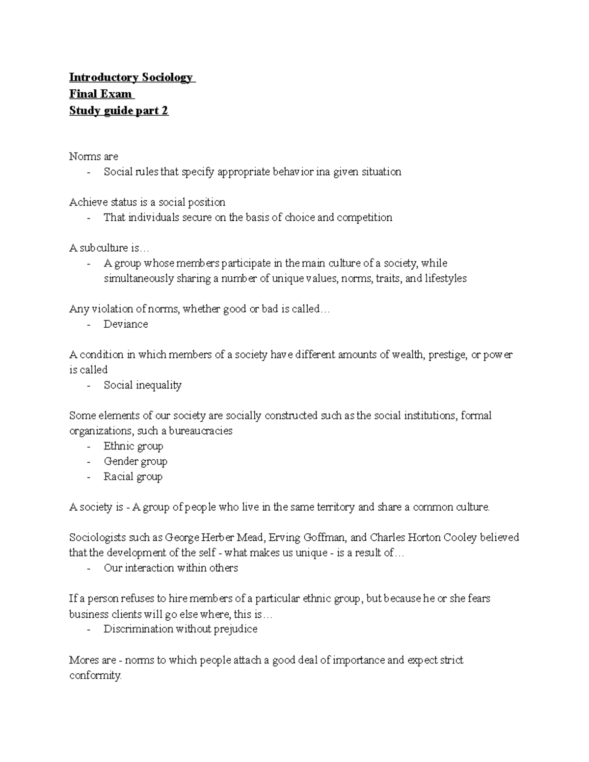 Intro Sociology- Final study guide Part 2 - Introductory Sociology ...