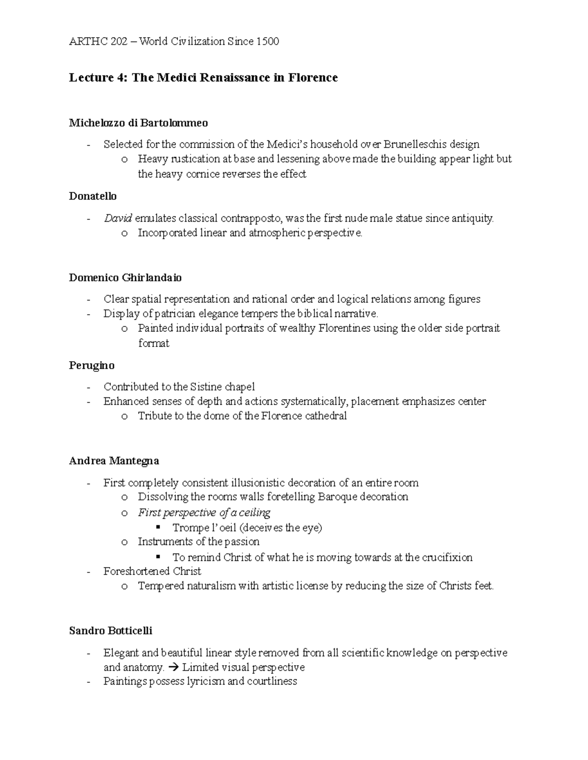 Lecture 4 The Medici Renaissance - ARTHC 202 – World Civilization Since ...