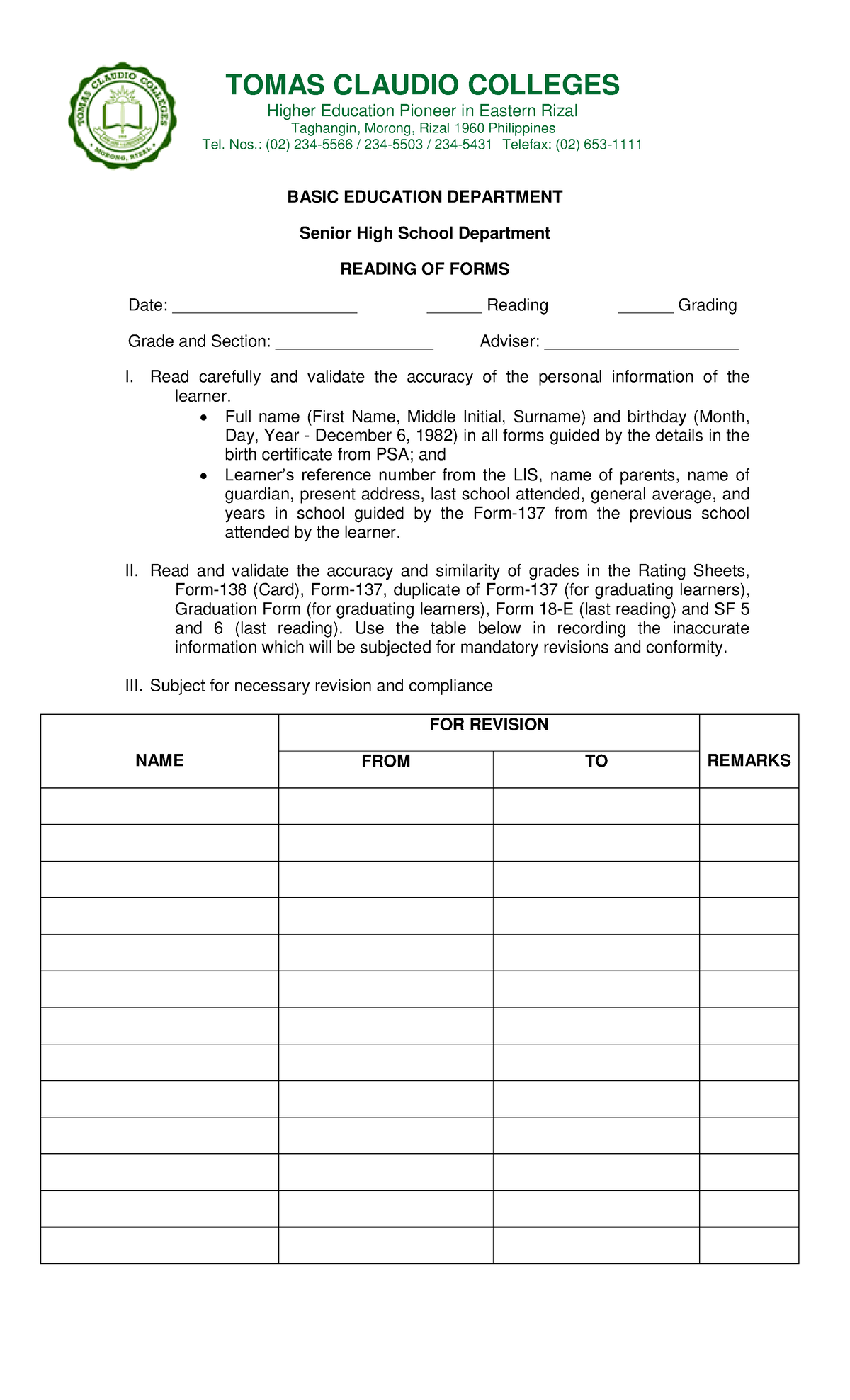 TCC - Reading Of Forms for Highschool Template - TOMAS CLAUDIO COLLEGES ...