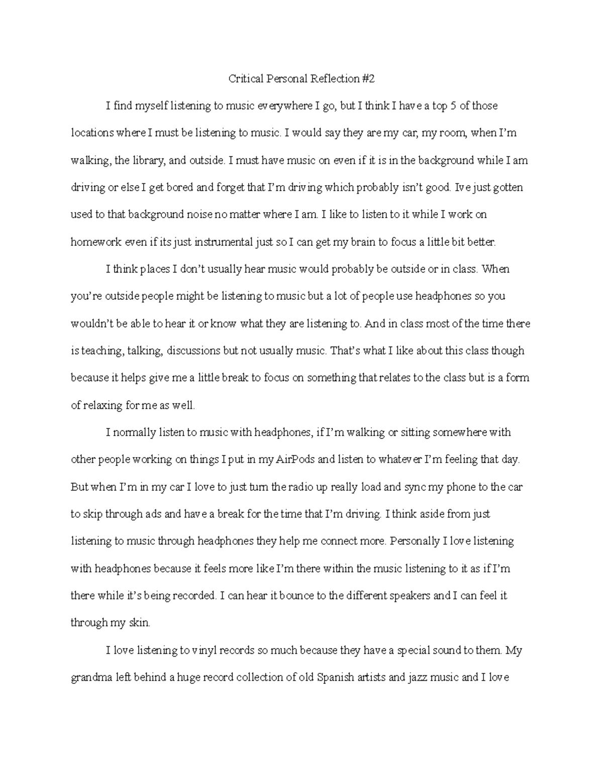 Critical Reflection #2 - Critical Personal Reflection # I find myself ...