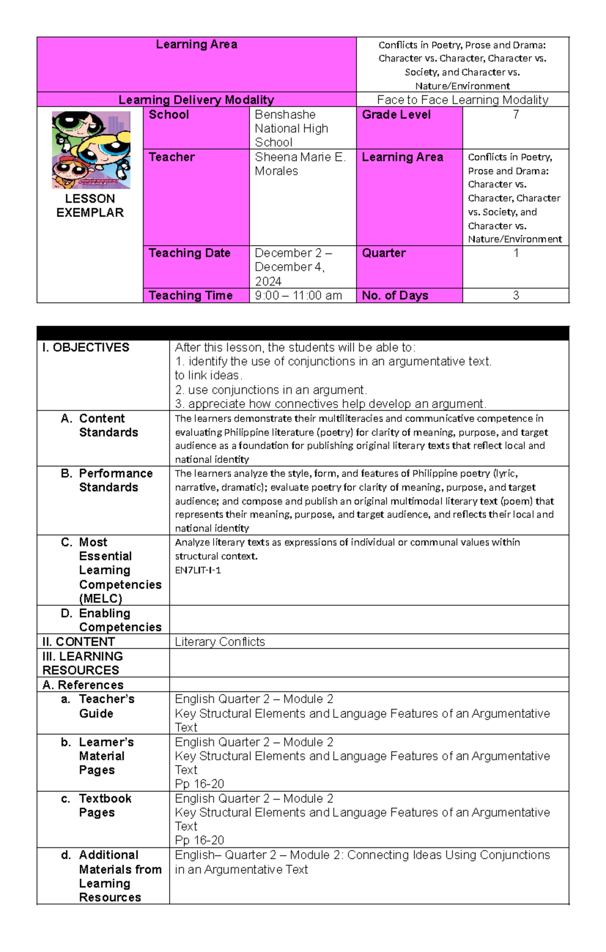 DT Morales Lesson Plan - LP for agrumentatice text - Learning Area ...