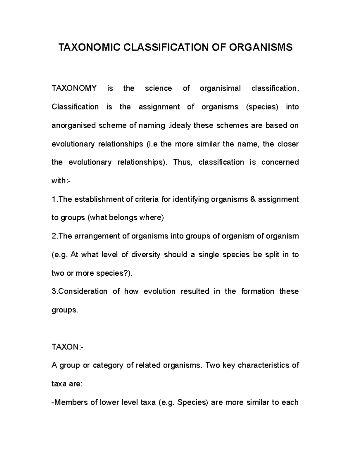 TAXONOMIC CLASSIFICATION OF ORGANISMS - TAXONOMIC CLASSIFICATION OF ...