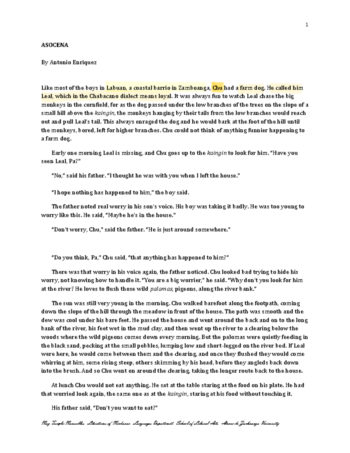 Asocena - summary - ASOCENA By Antonio Enriquez Like most of the boys ...