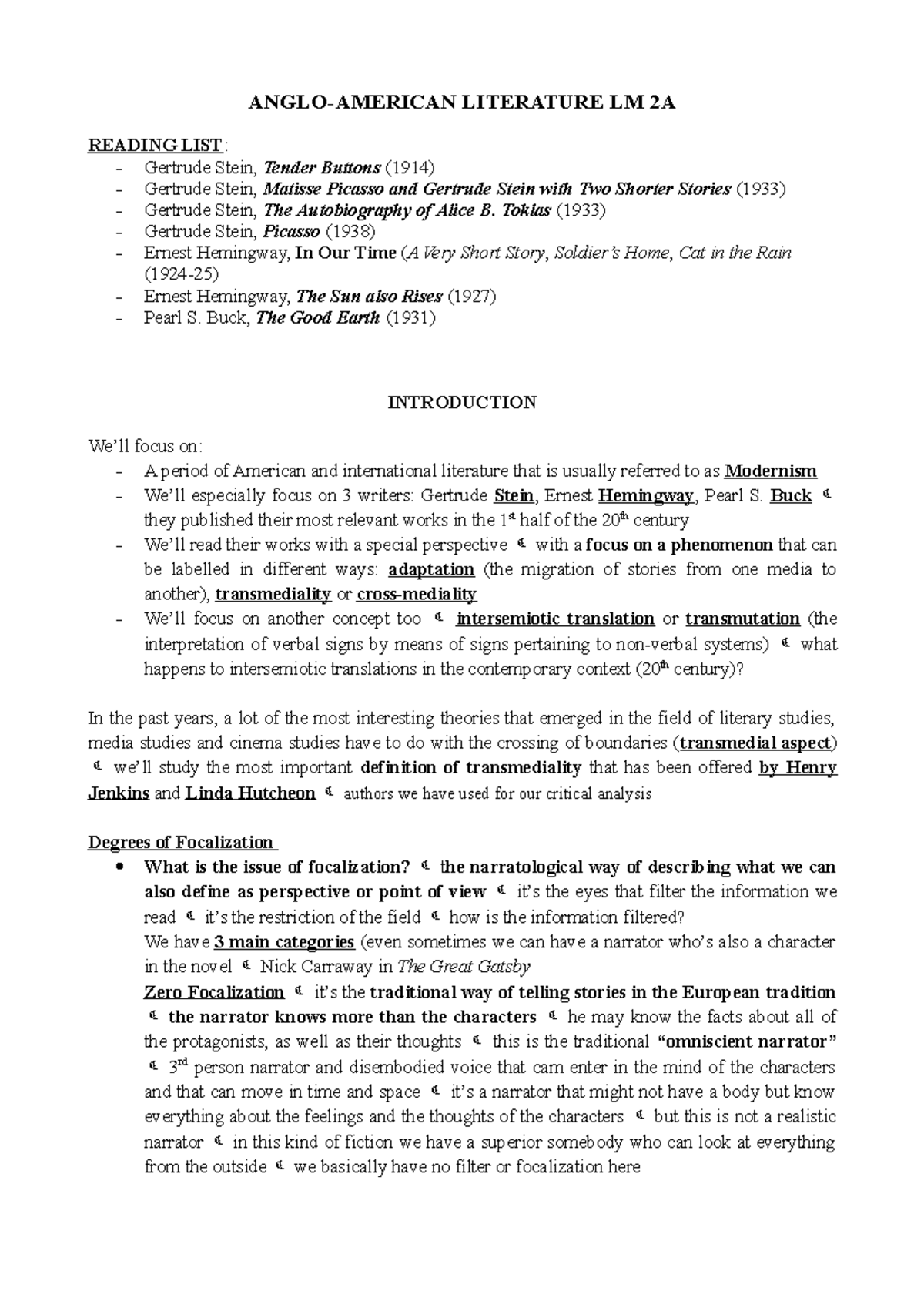 Riassunto del corso di Anglo-American Literature LM2 - Modulo A - ANGLO ...