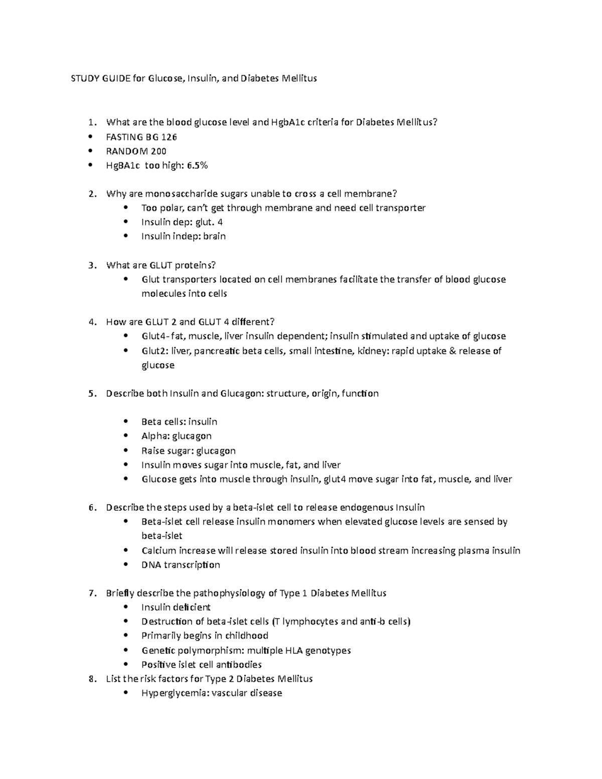 Study Guide Glucose Insulin - STUDY GUIDE for Glucose, Insulin, and ...