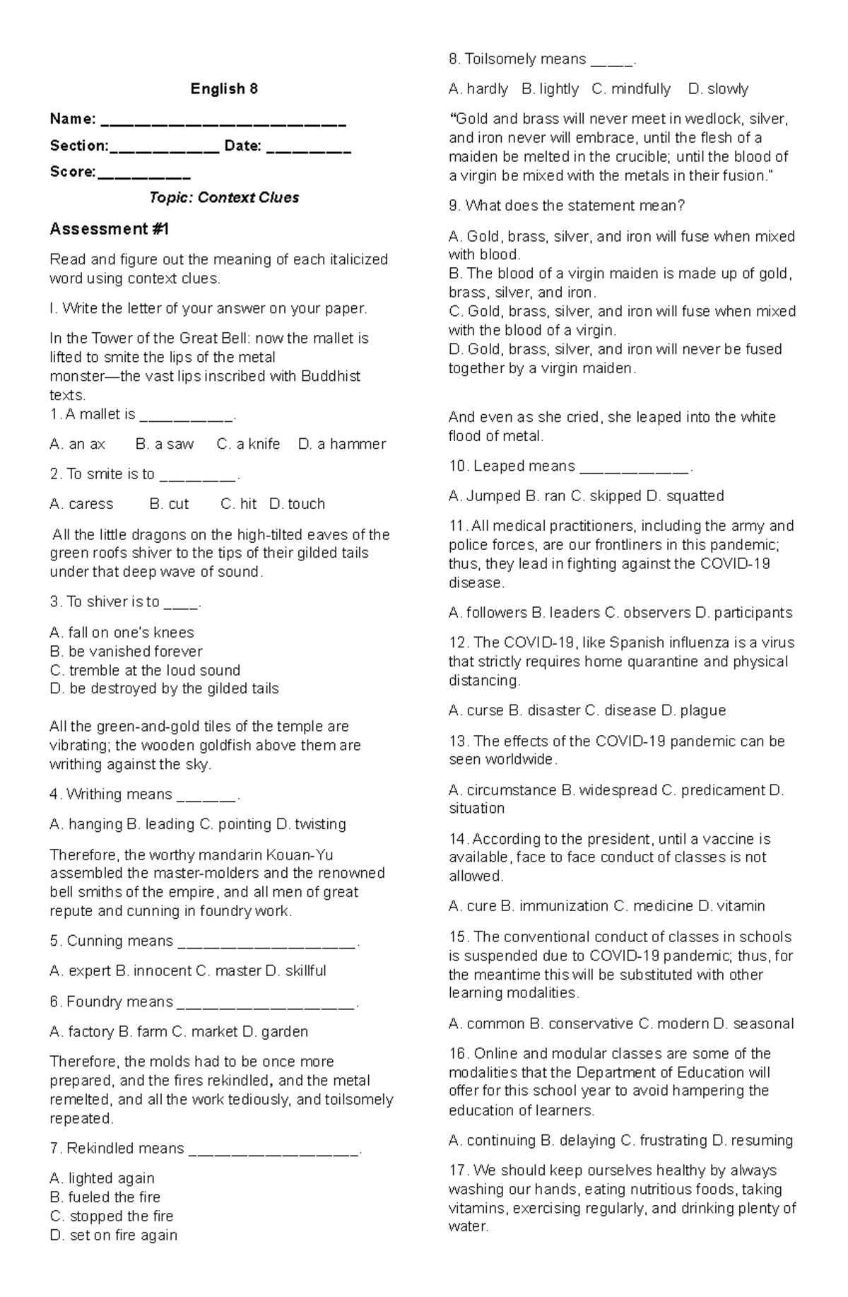 Context Clues Assessment No.1 English 8 - English 8 Name