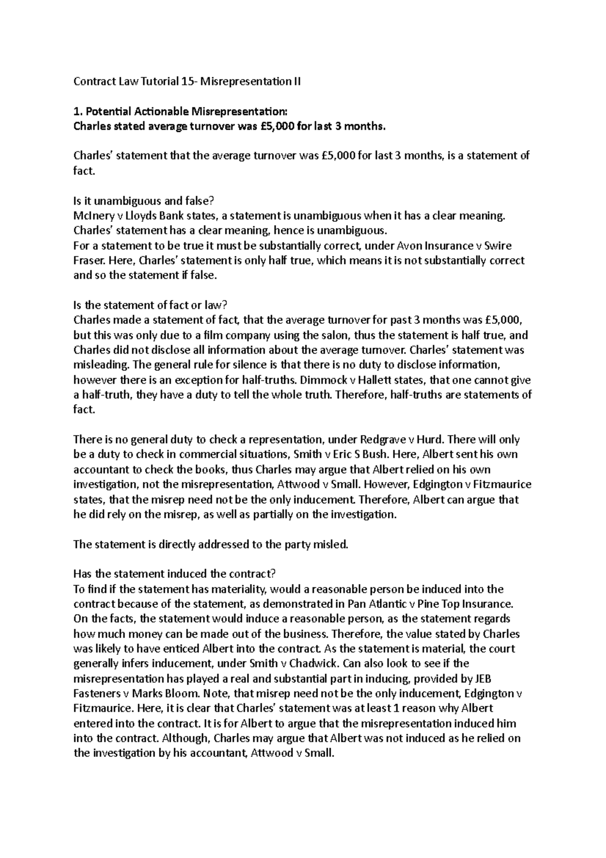 Contract Law Misrepresentation - Contract Law Tutorial 15- Misrepresentation II 1. Potential ...