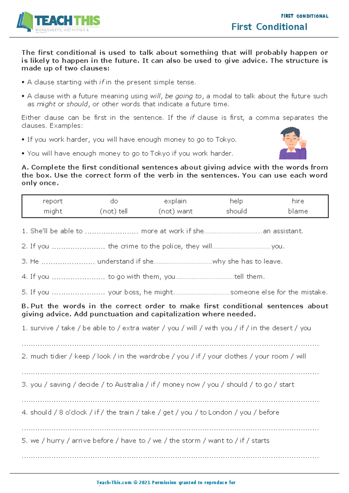 First Conditional Advice IN Class WORK - FIRST CONDITIONAL First ...