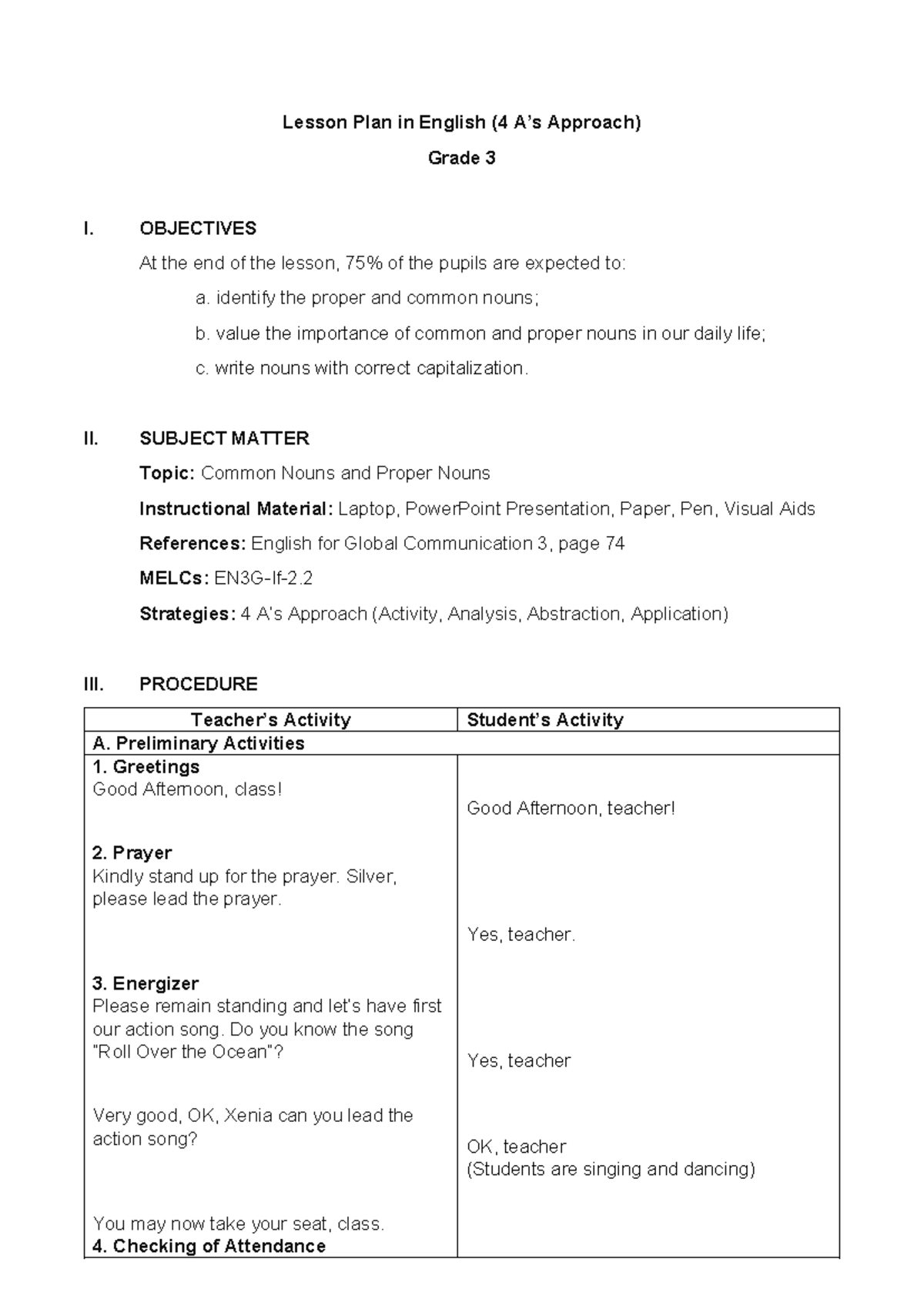 Common and Proper - Lesson Plan in English (4 A’s Approach) Grade 3 I ...