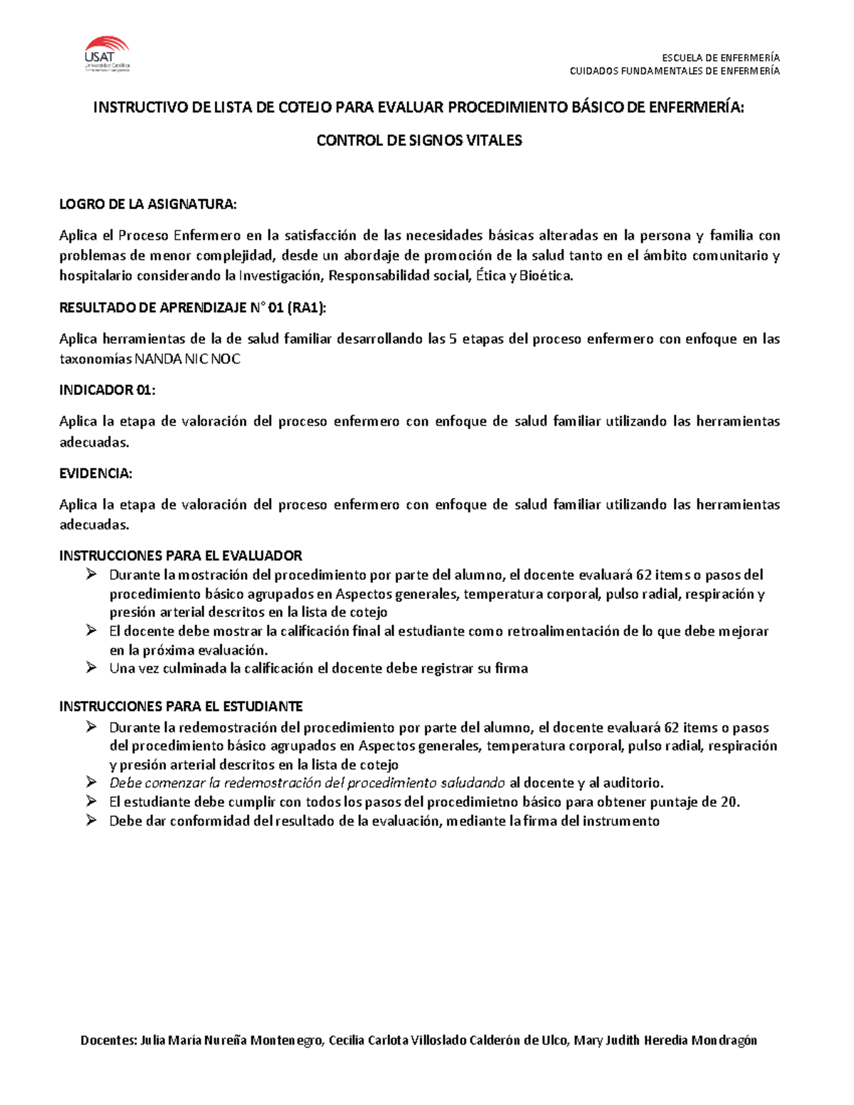 Lista DE Cotejo- Control DE Signos Vitales-2024-I - CUIDADOS ...