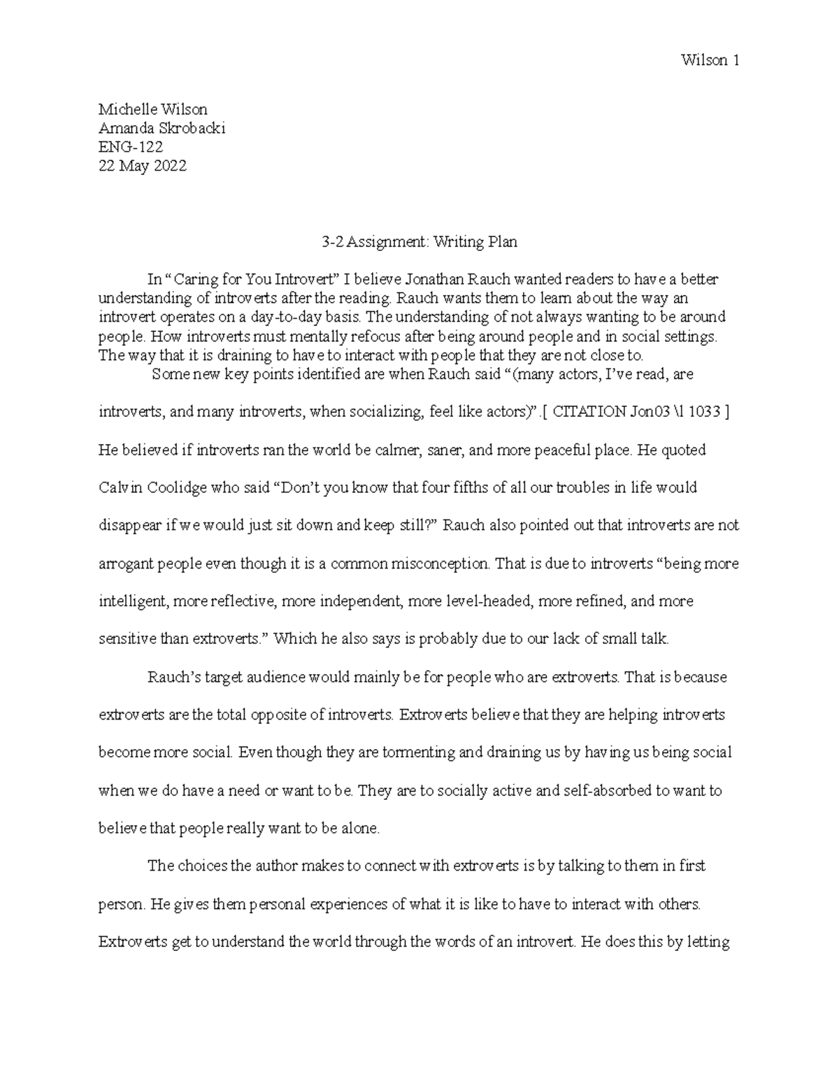 ENG-122 3 - Writing plan for Caring For Your Introvert - Wilson 1 ...