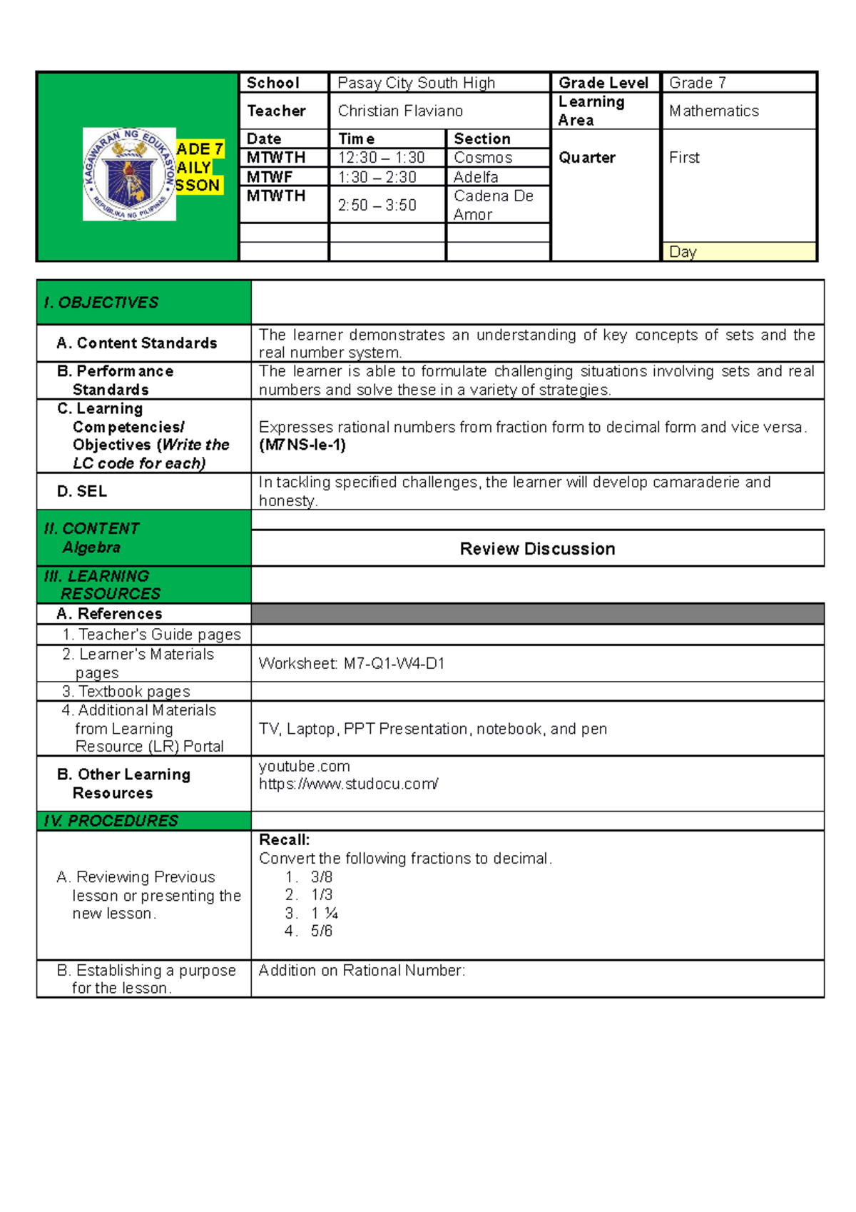 Review Q 1Math7 - GRADE 7 DAILY LESSON School Pasay City South High ...