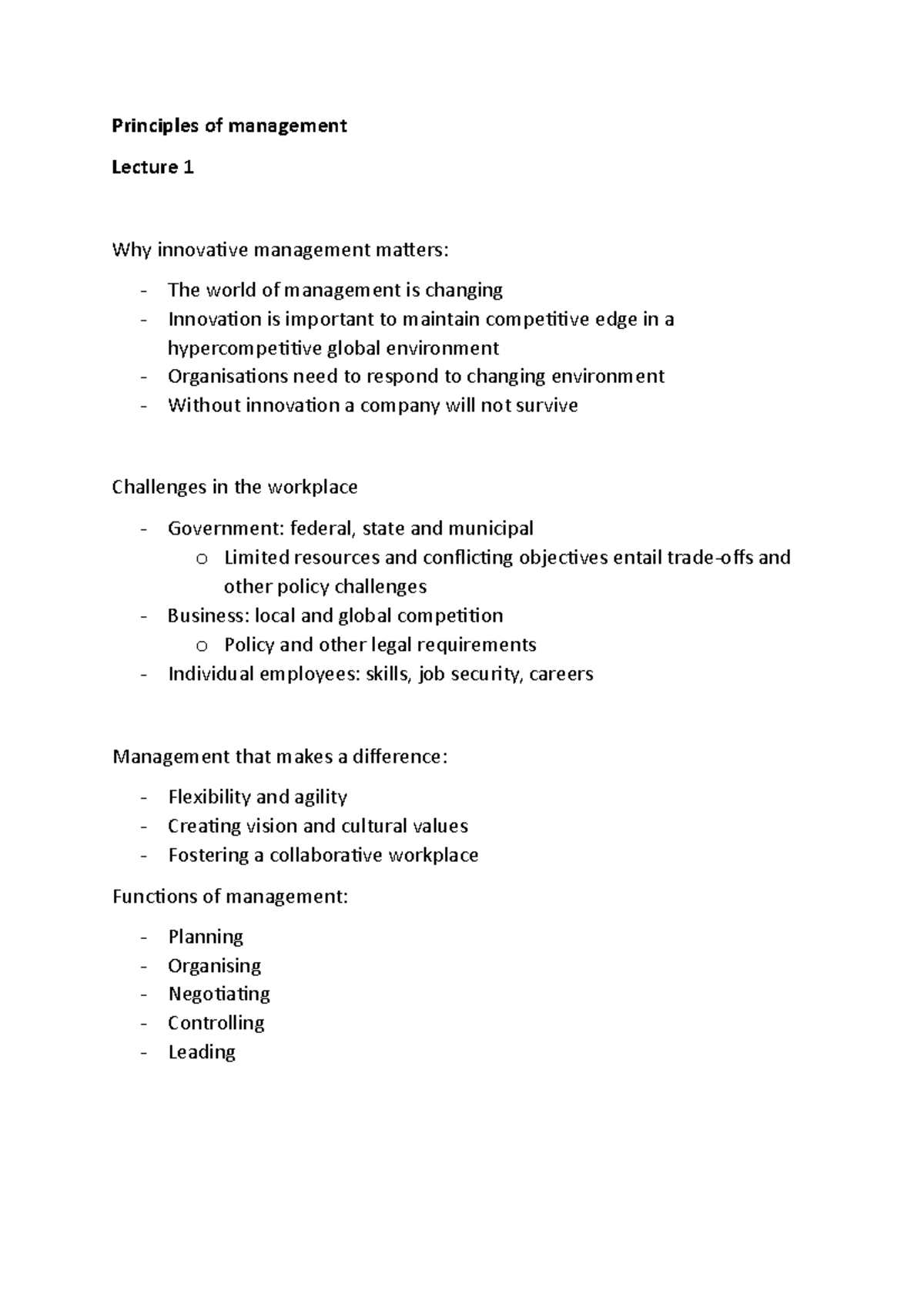 Principles of management notes - bs160 - Notre Dame - Studocu