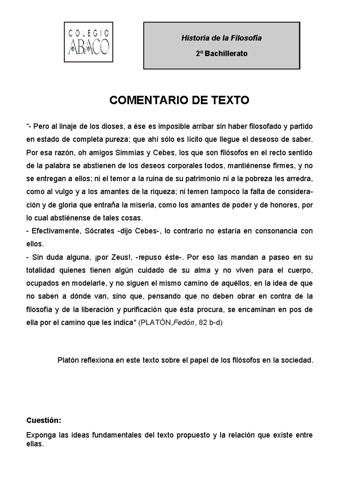 01. Texto de Platón - Historia de la Filosofía 2º Bachillerato ...