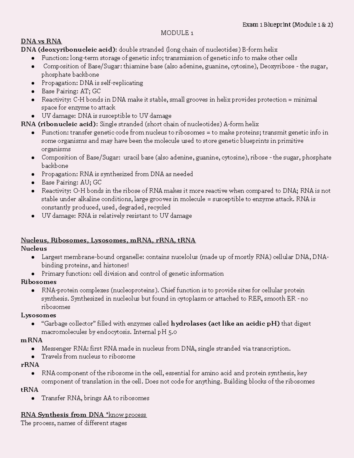 Exam 1 Study Guide - Exam 1 Blueprint (Module 1 & 2) MODULE 1 DNA vs ...