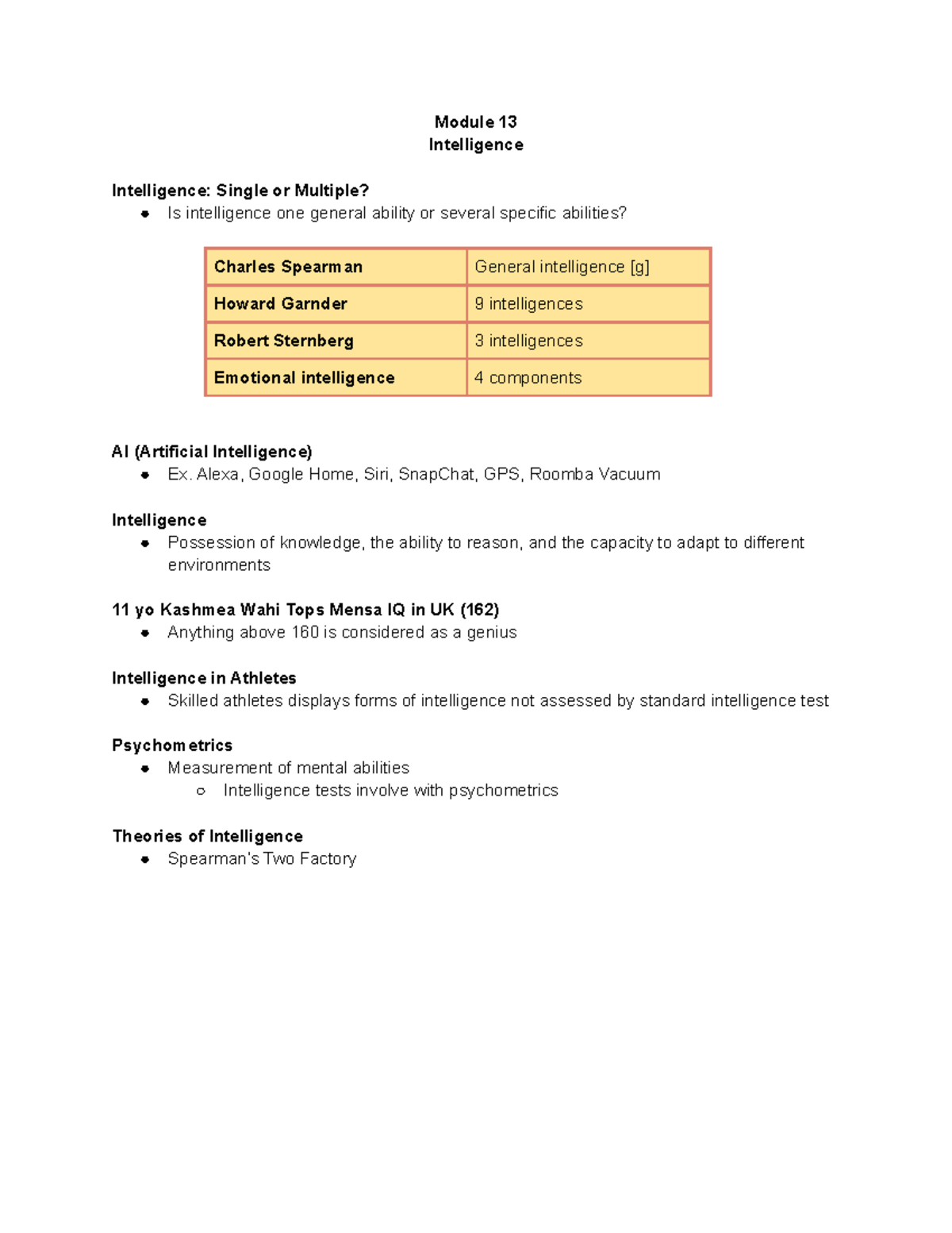 Mod 13 - Intelligence - Module 13 Intelligence Intelligence: Single or Multiple? Is intelligence ...