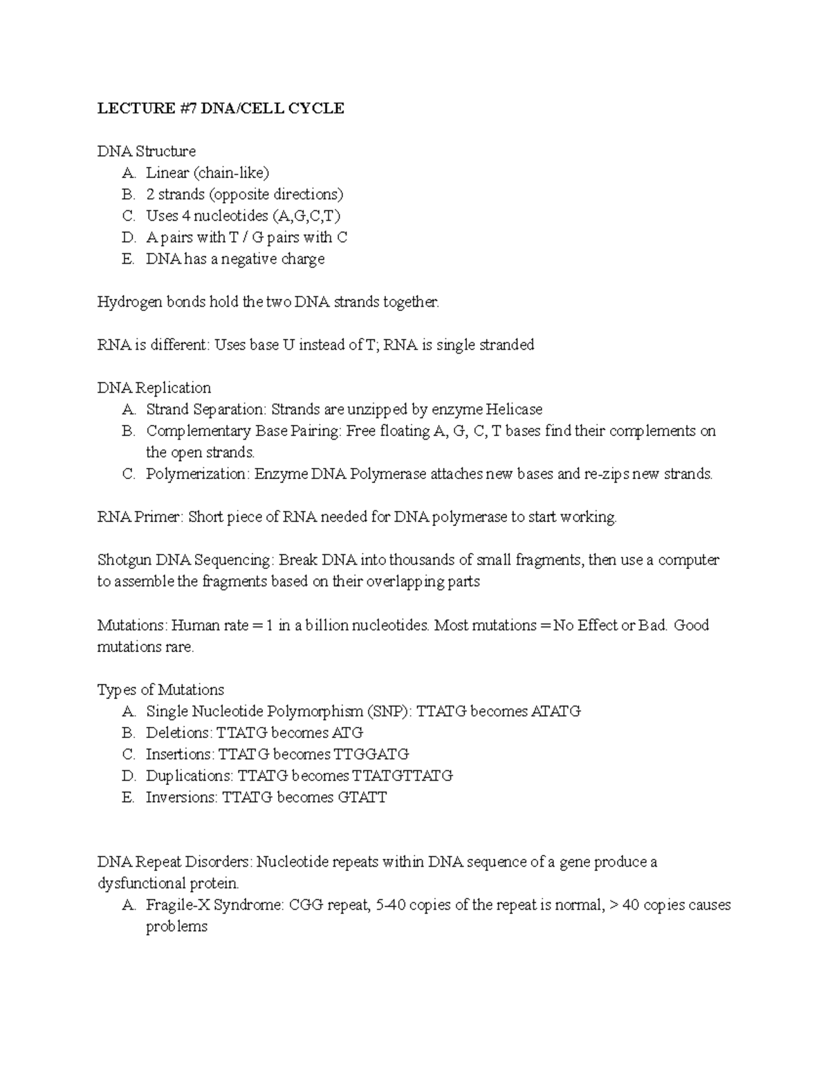 Biol 1102 study guide 7 - LECTURE #7 DNA/CELL CYCLE DNA Structure A ...