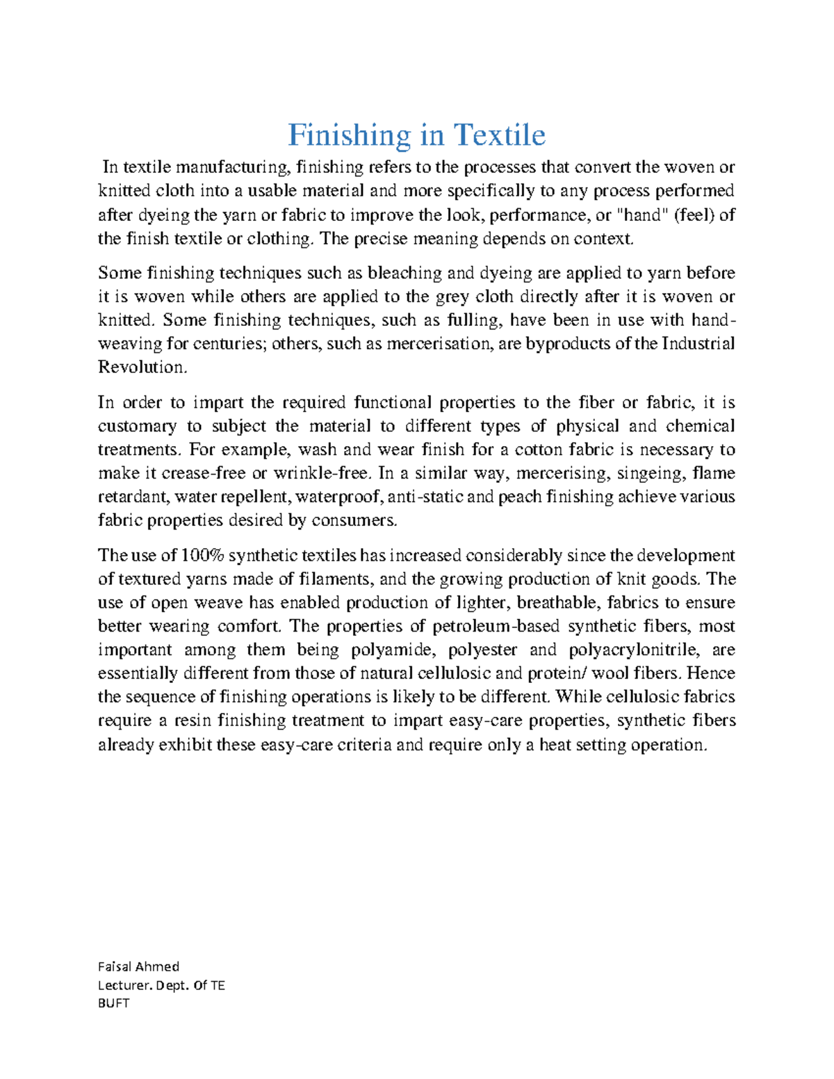 Finishing in textile - safaat - Faisal Ahmed Lecturer. Dept. Of TE BUFT ...